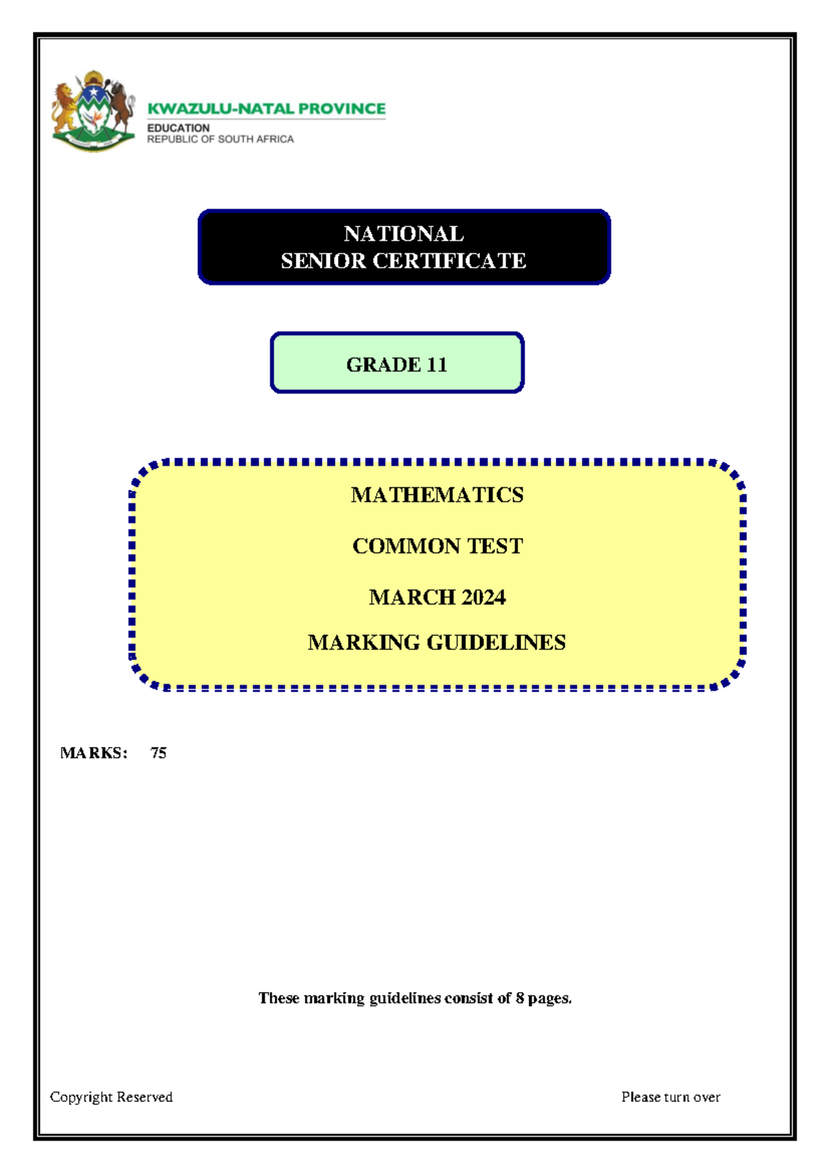 Mathematics GR 11 MEMO March 2024 - MARKS: 75 These marking guidelines ...