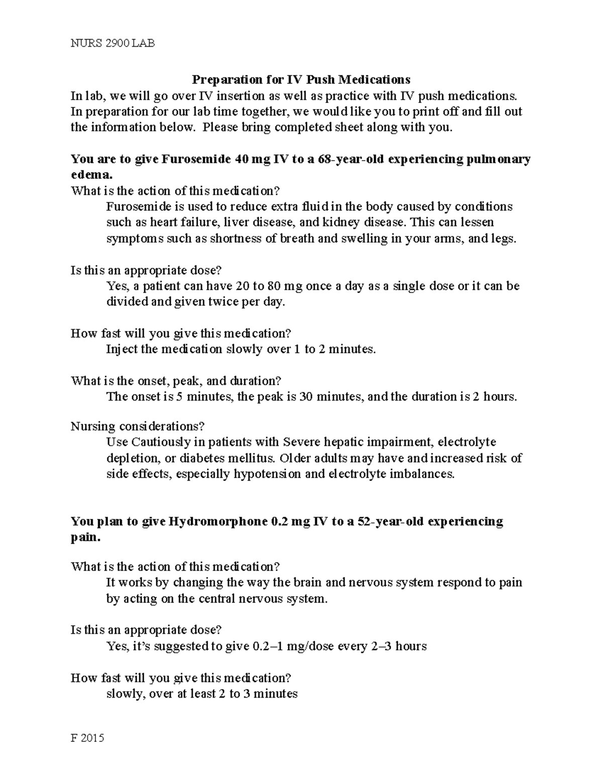 NURS 2900 LAB IV Push Medications Preparation - Studocu