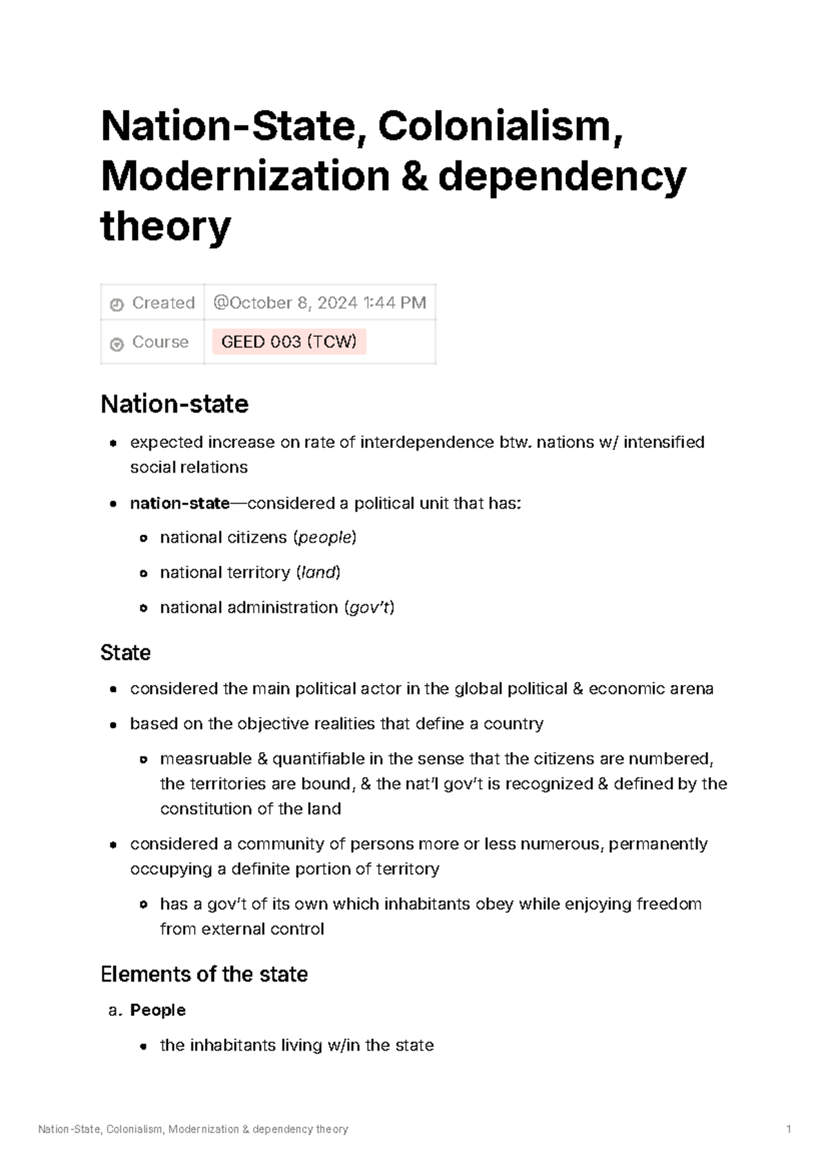 Nation-State, Colonialism, Modernization & dependency theory - Nation ...
