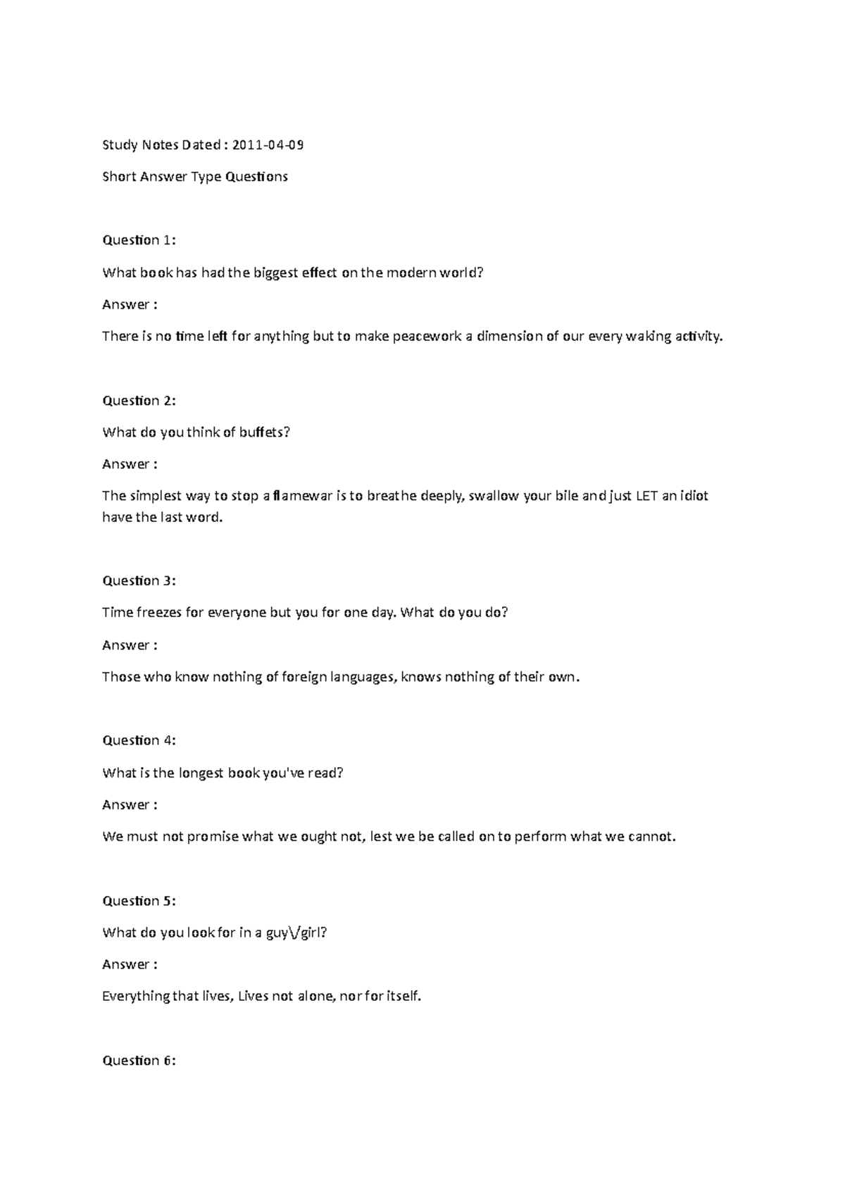 Study Notes Date7 - english - Study Notes Dated : 2011-04- Short Answer ...