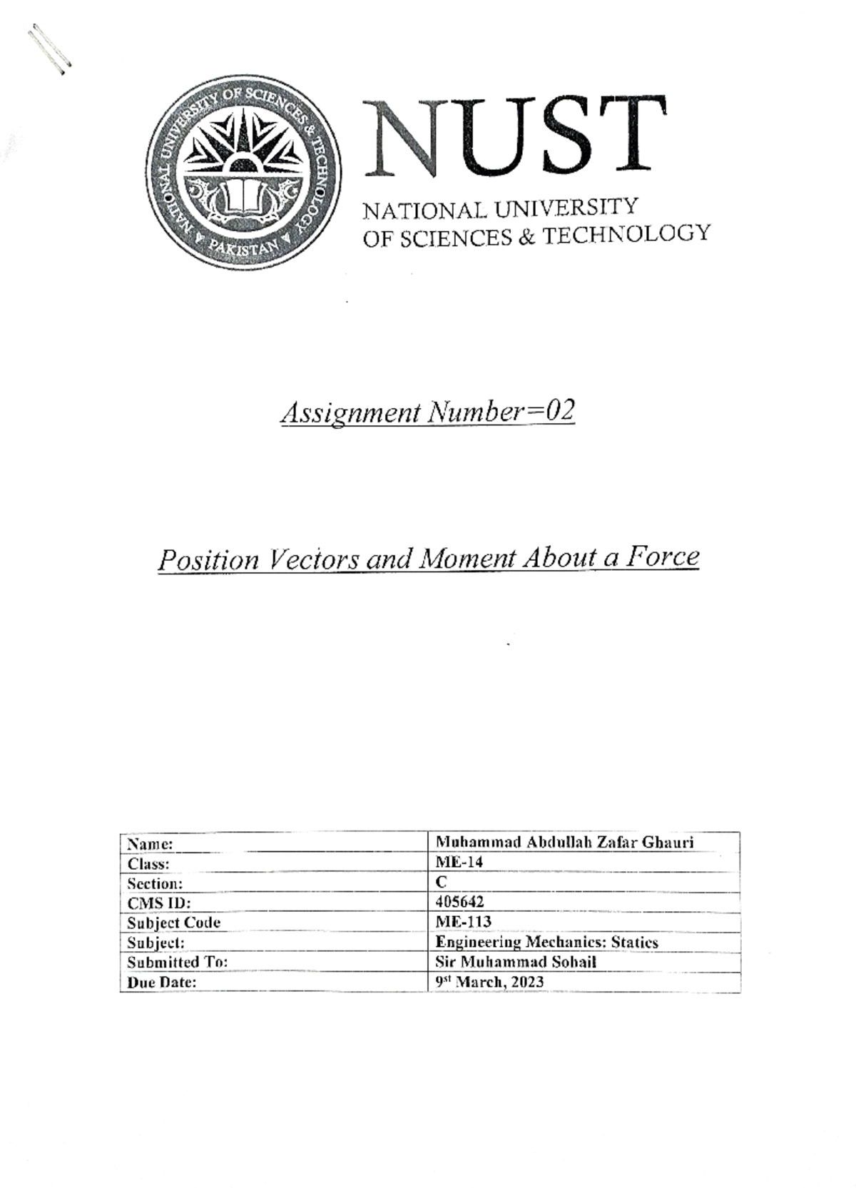 Assignment 2 (Position Vectors and Moment About a Force) - OFS NUST ...