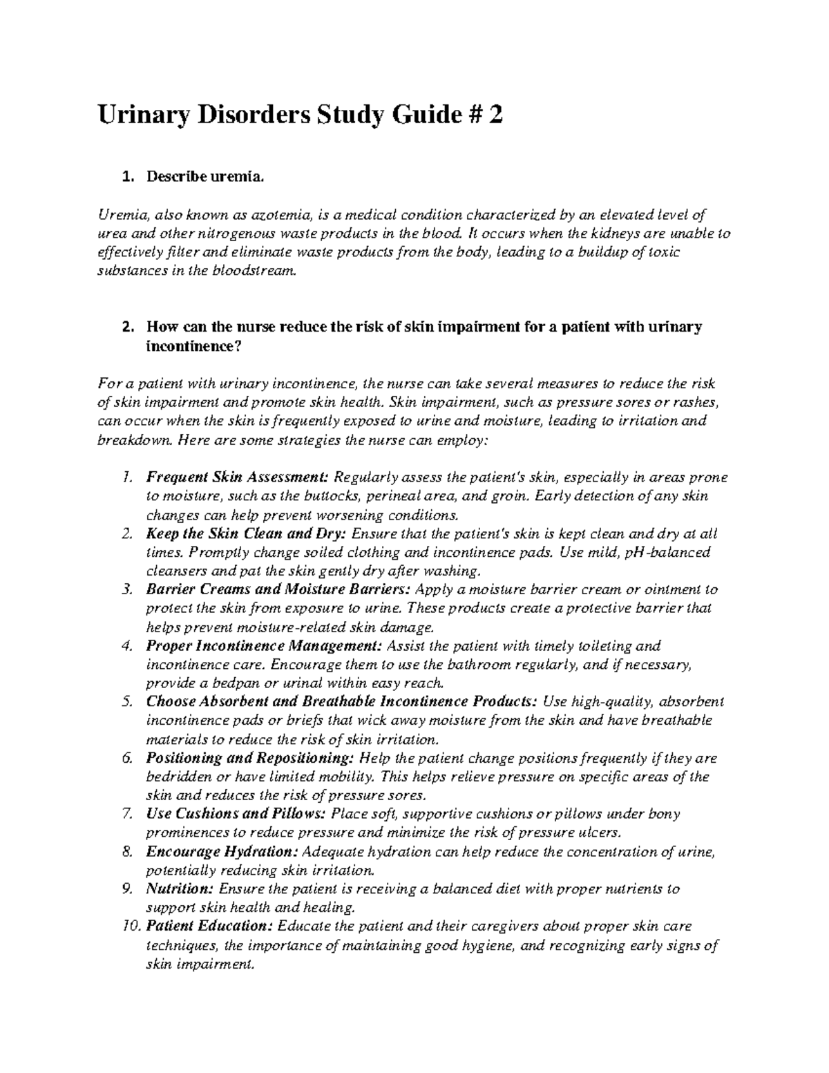 Urinary Disorders Study Guide updated - Urinary Disorders Study Guide ...