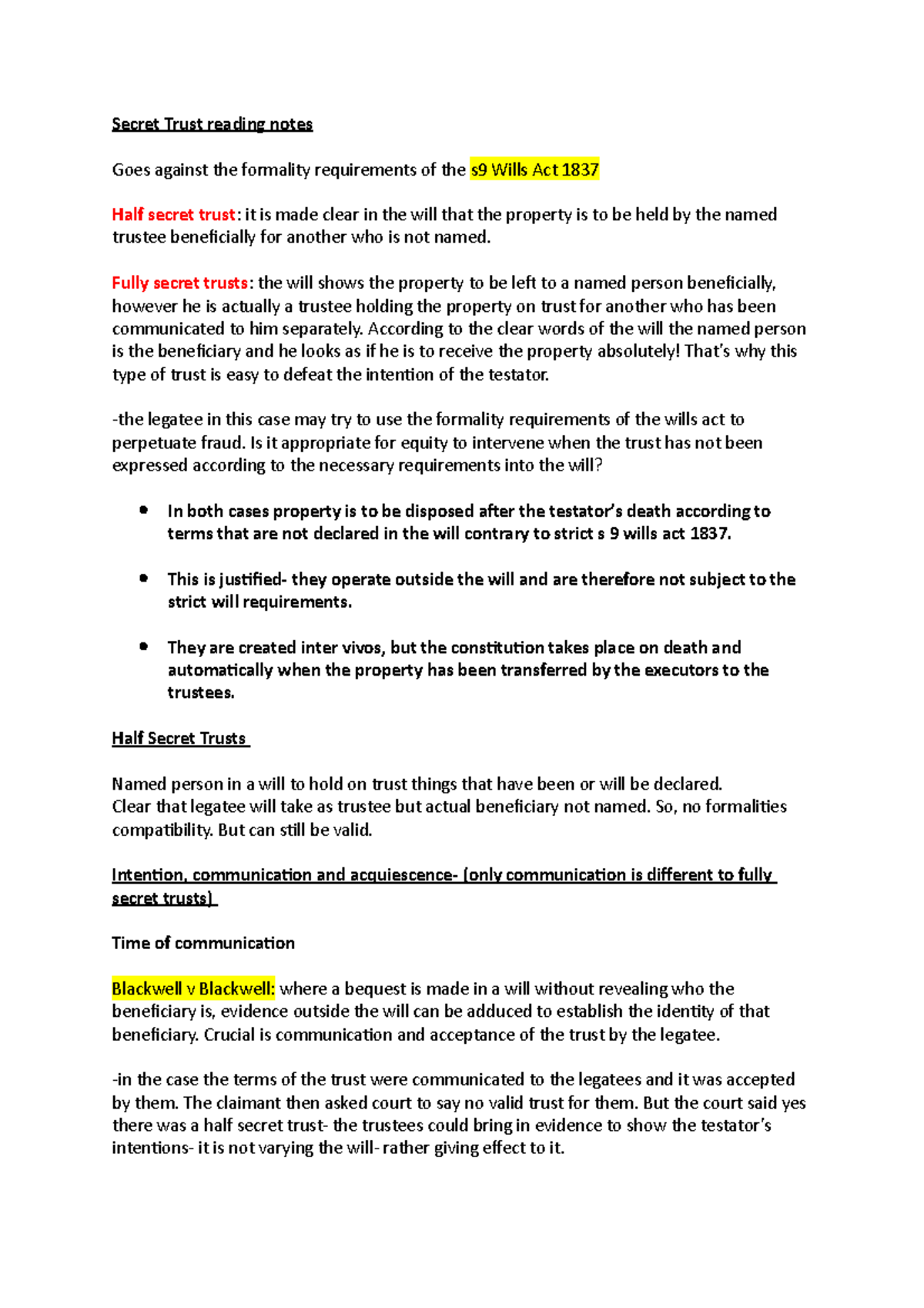Secret Trust reading notes - Fully secret trusts : the will shows the ...