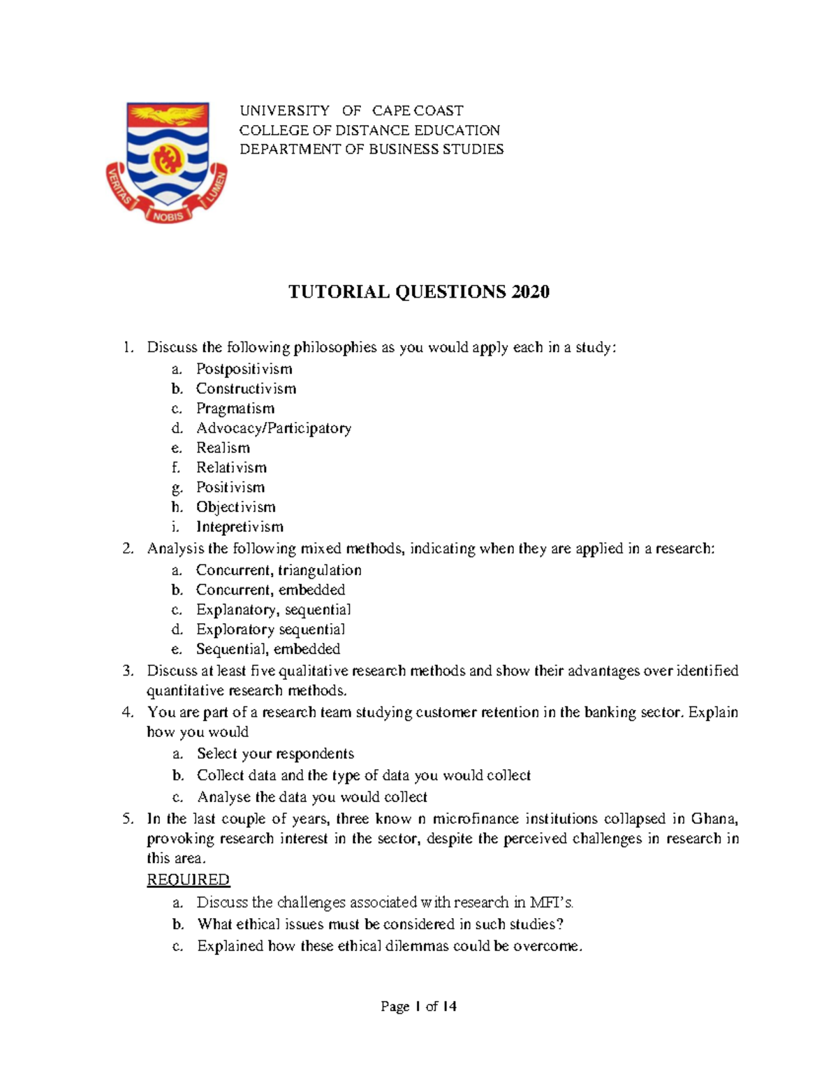 BUS 817D Tutorial Questions 2020 (1) - UNIVERSITY OF CAPE COAST COLLEGE ...
