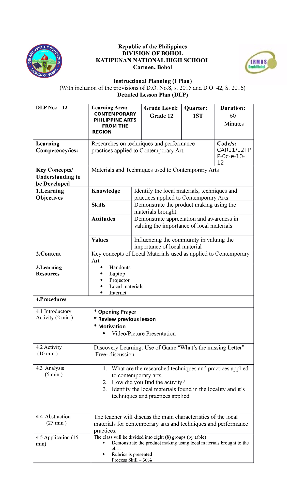 COT Cpar- local materials and techniques - Republic of the Philippines DIVISION OF BOHOL ...