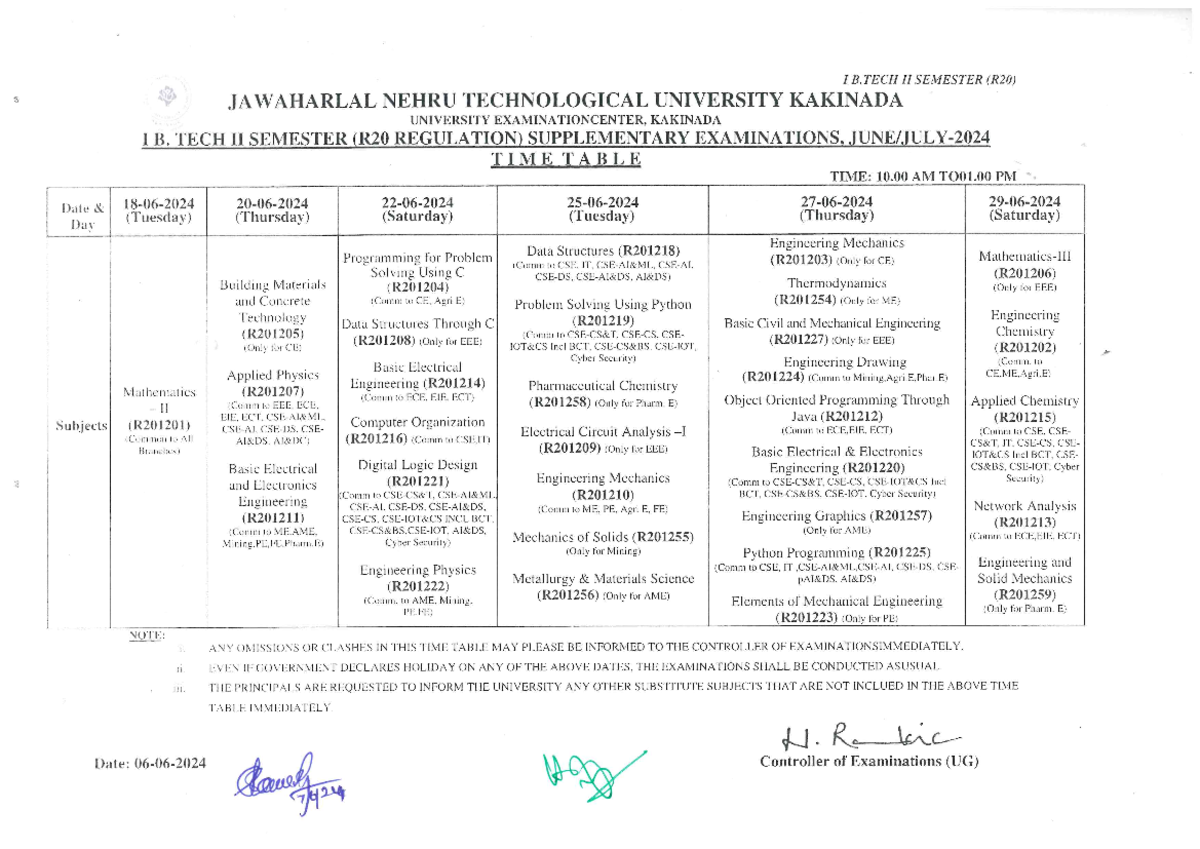 Time Table of I - II R20 Supply JUNE-2024 - I B II SEMESTER (R20 ...