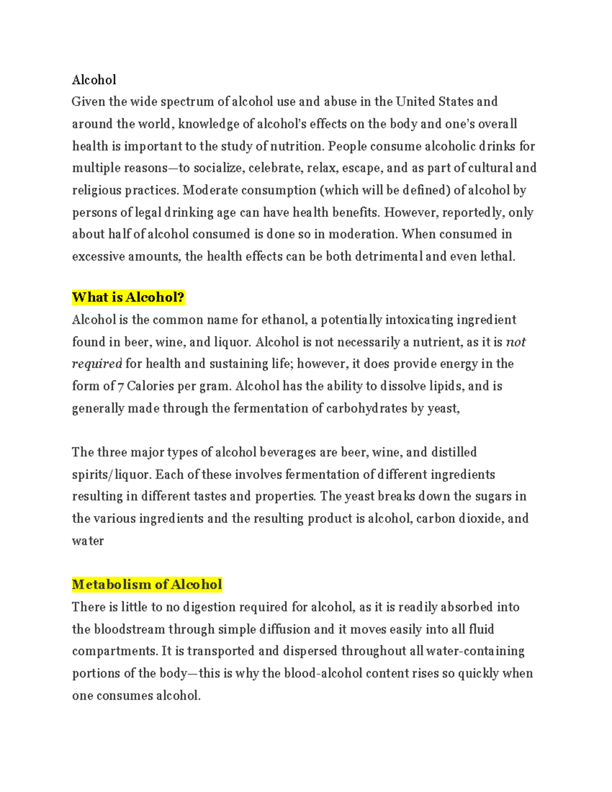 Nutrition 8.1 Notes - Alcohol Given the wide spectrum of alcohol use ...