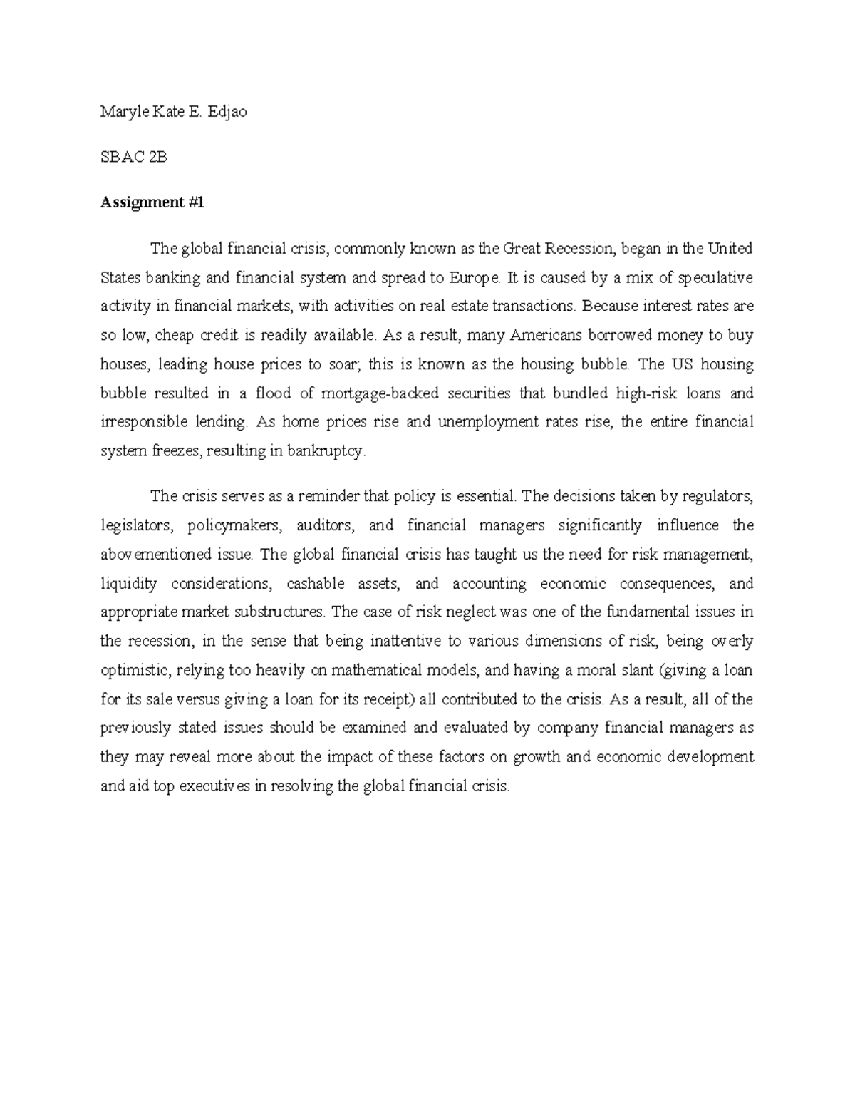 Assignment 1 - Global FInancial Crisis Edjao, Maryle KATE E - Maryle ...