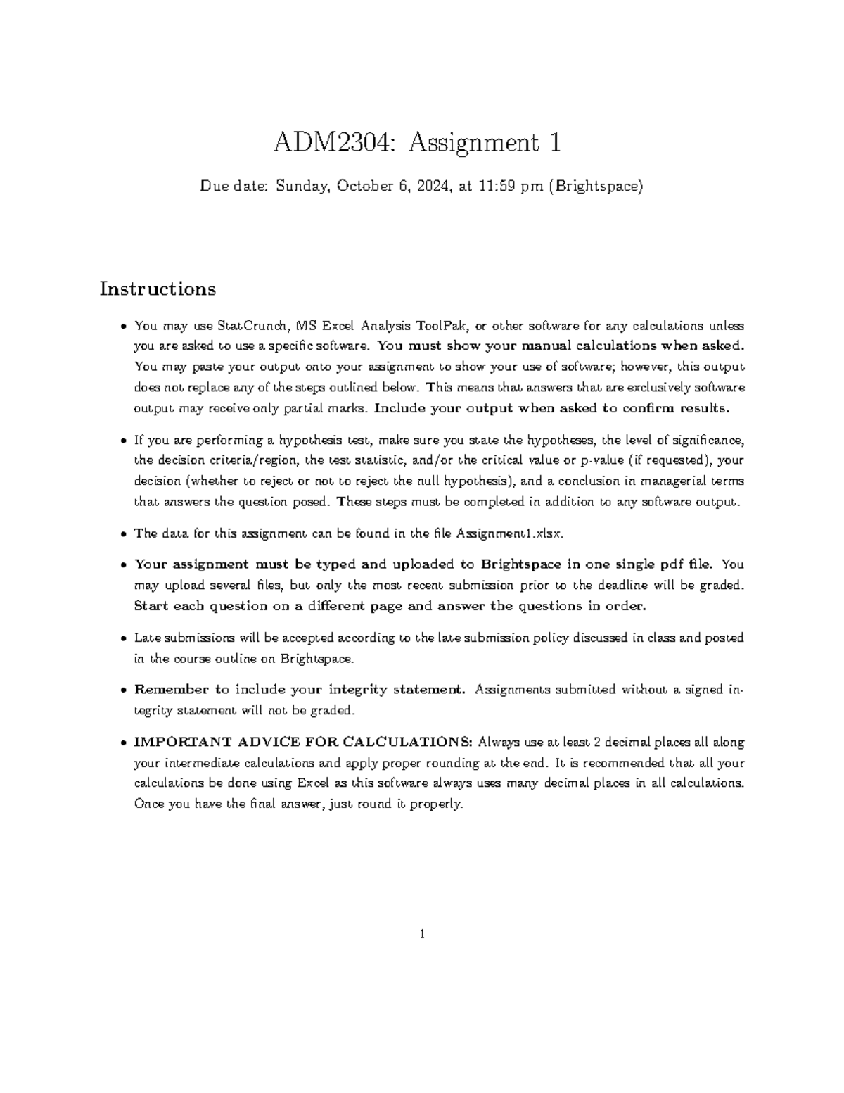 ADM2304 Assignment 1 Fall 2024 Questions - ADM2304: Assignment 1 Due date: Sunday, October 6 ...