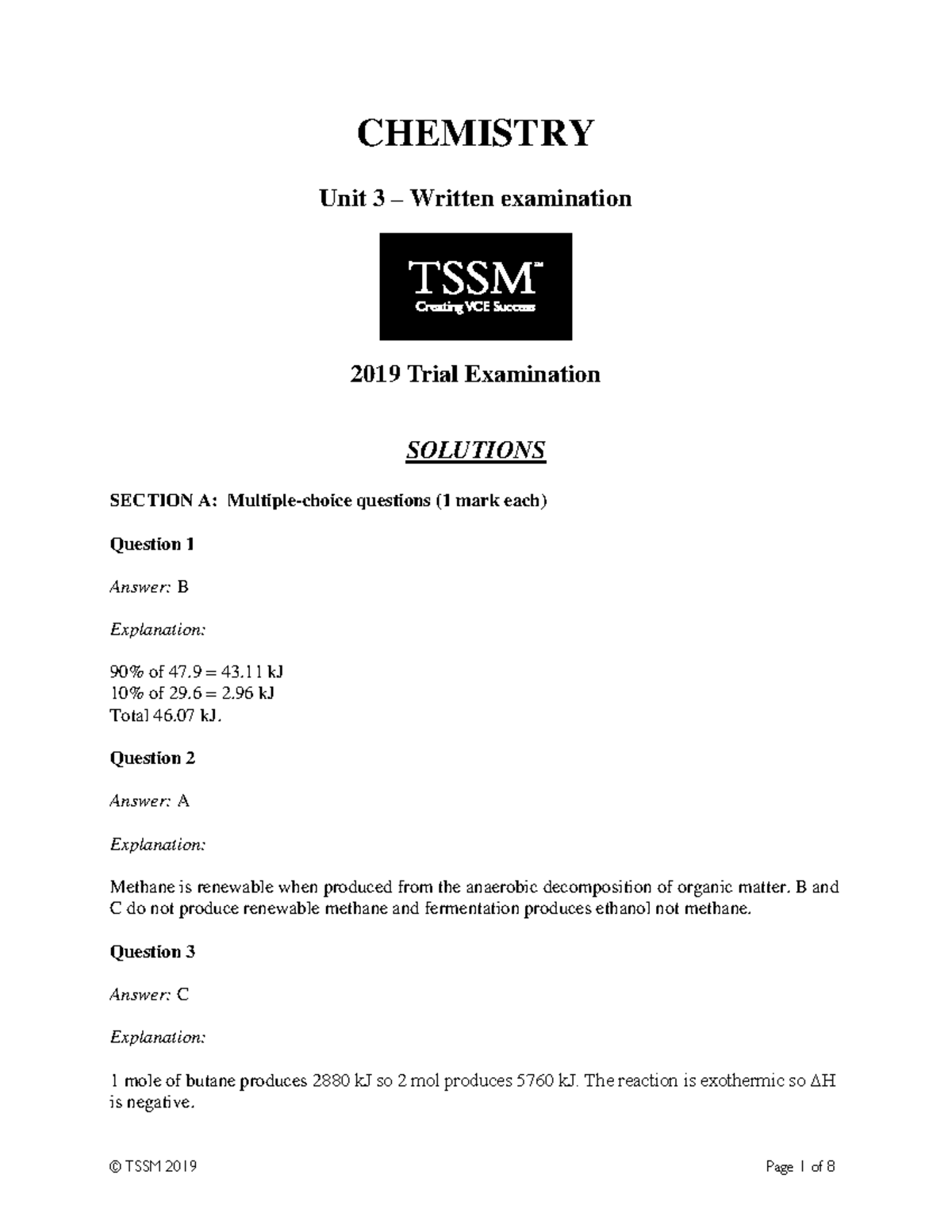TSSM 2019 Unit 3 Exam Solutions - CHEMISTRY Unit 3 – Written ...