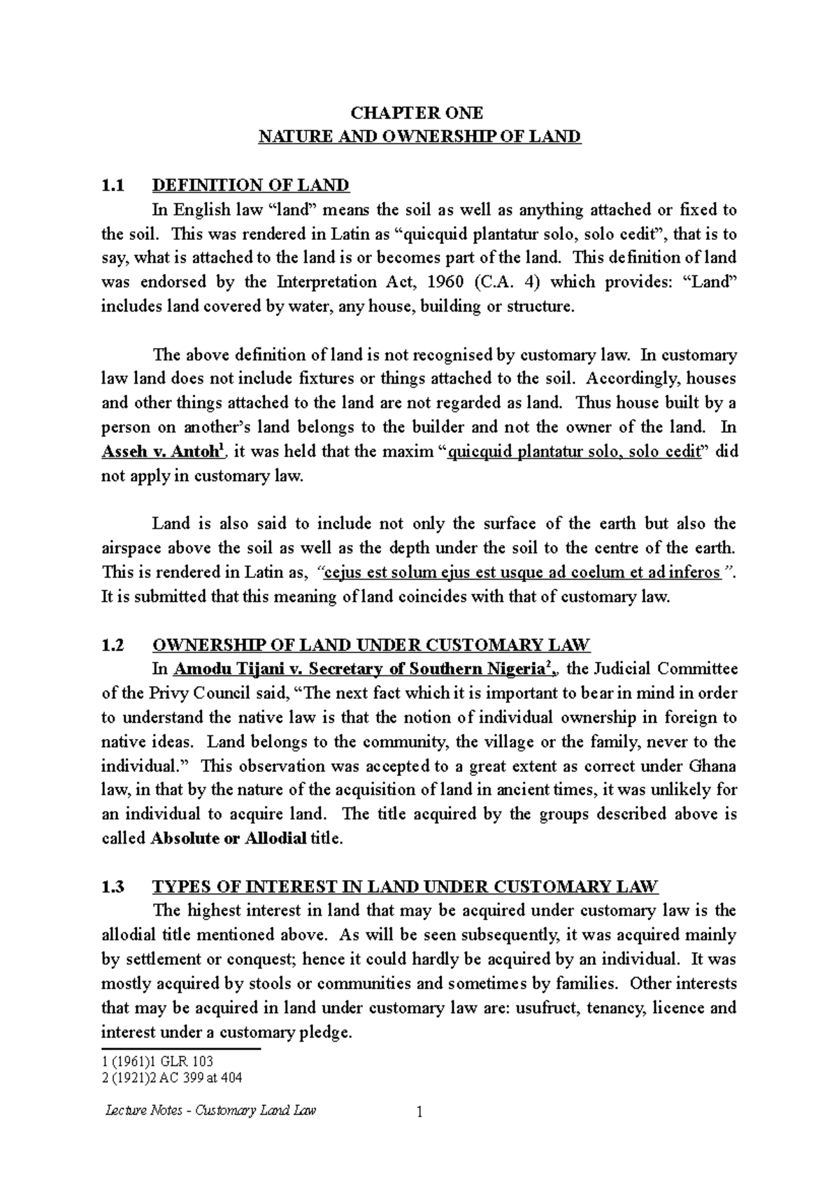 Land Law (Full) - notes om immovable property - CHAPTER ONE NATURE AND ...