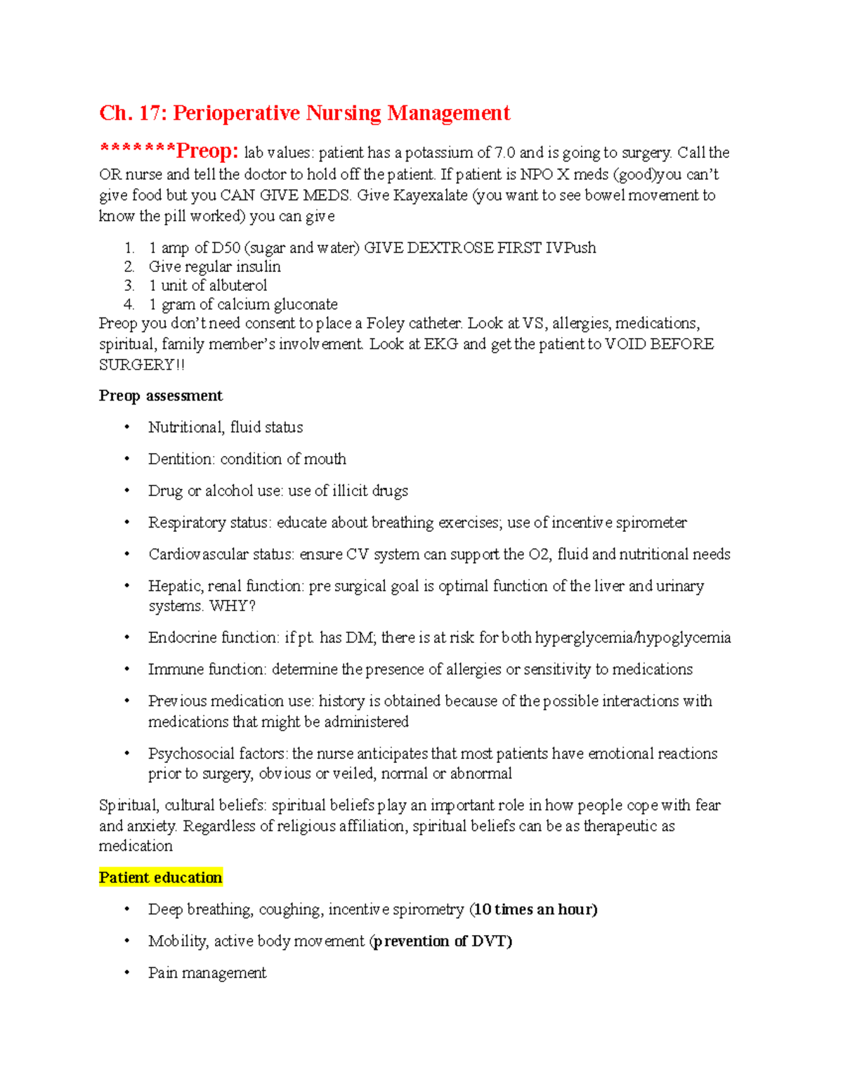 Medsurg review 2 - Ch. 17: Perioperative Nursing Management ...