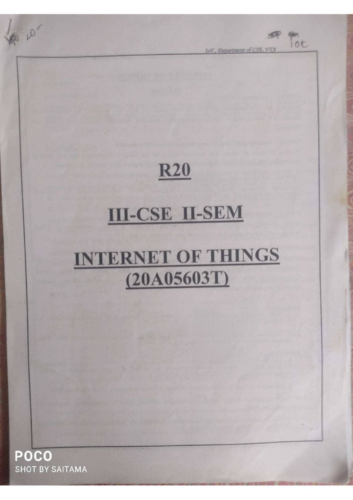 IOT UN-1 - NOTHING - A w an lot IOT, Department of CSE, VIA R20 INTERNET OF THINGS (20A05603T ...