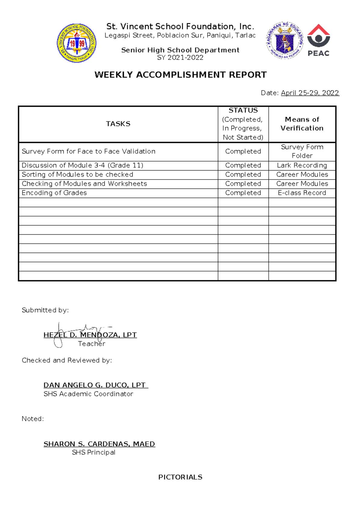 April 25-29 - Sample Accomplishment Report - St. Vincent School ...