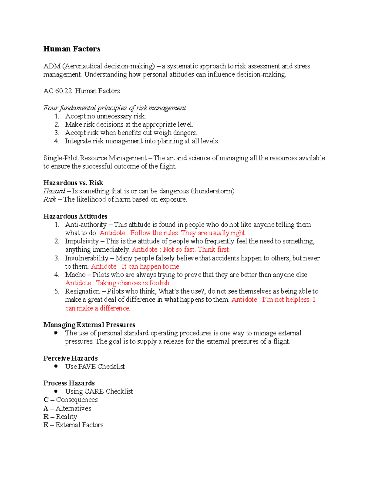 Human Factors Notes copy - Human Factors ADM (Aeronautical decision ...