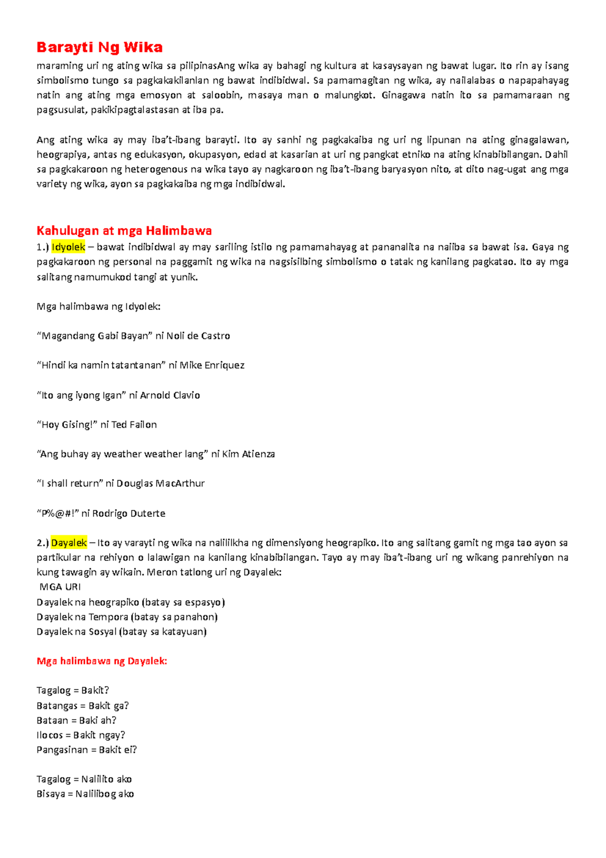 Barayti Ng Wika - filipino lecture notes - Barayti Ng Wika maraming uri ...