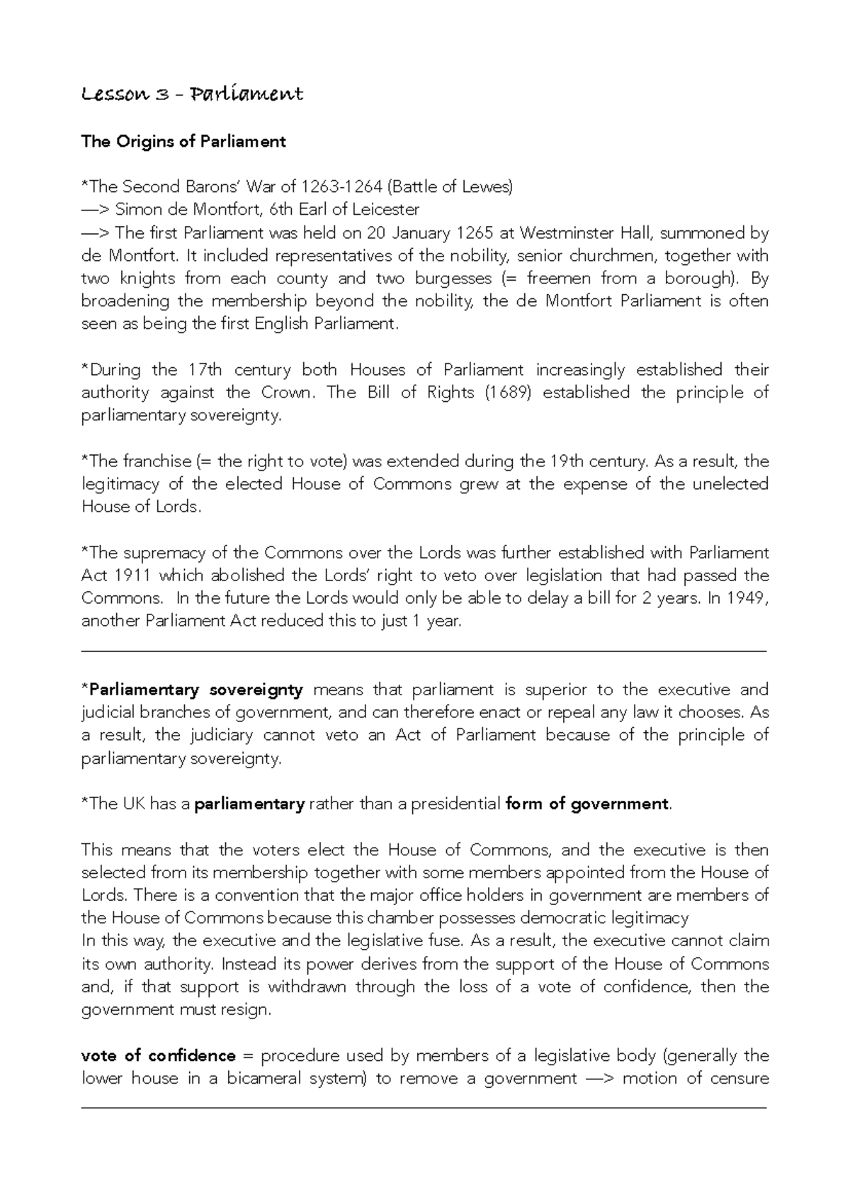 Lesson 3 - Parliament - Lesson 3 - Parliament The Origins of Parliament ...