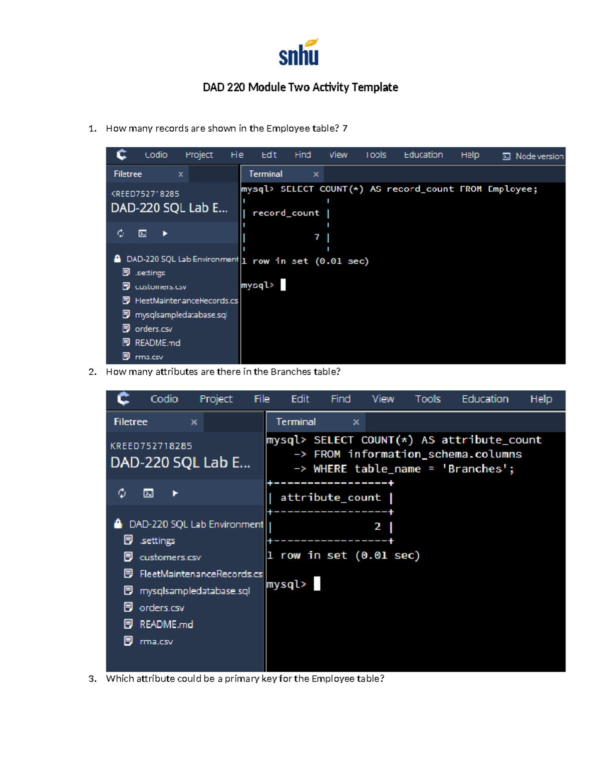 DAD 220 Module Two Activity Template - How many records are shown in the Employee table? 7 2 ...