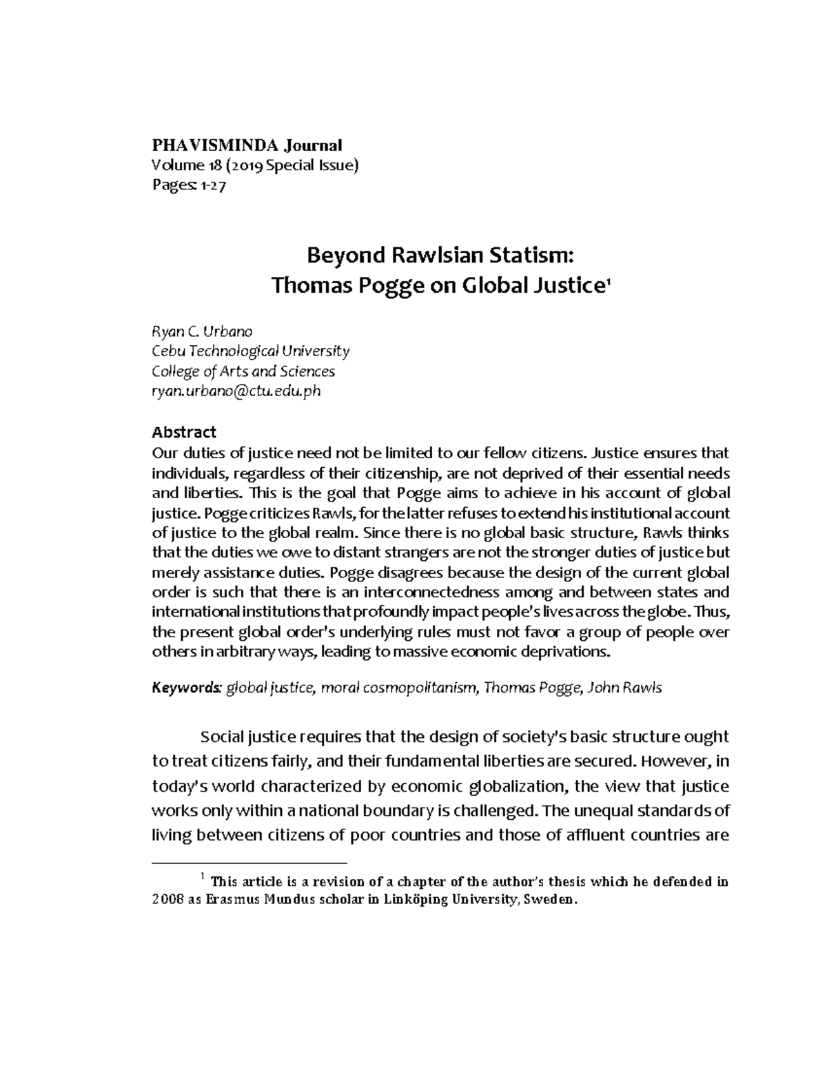 Global justice by Thomas Pogge - PHAVISMINDA Journal Volume 18 (2019 ...
