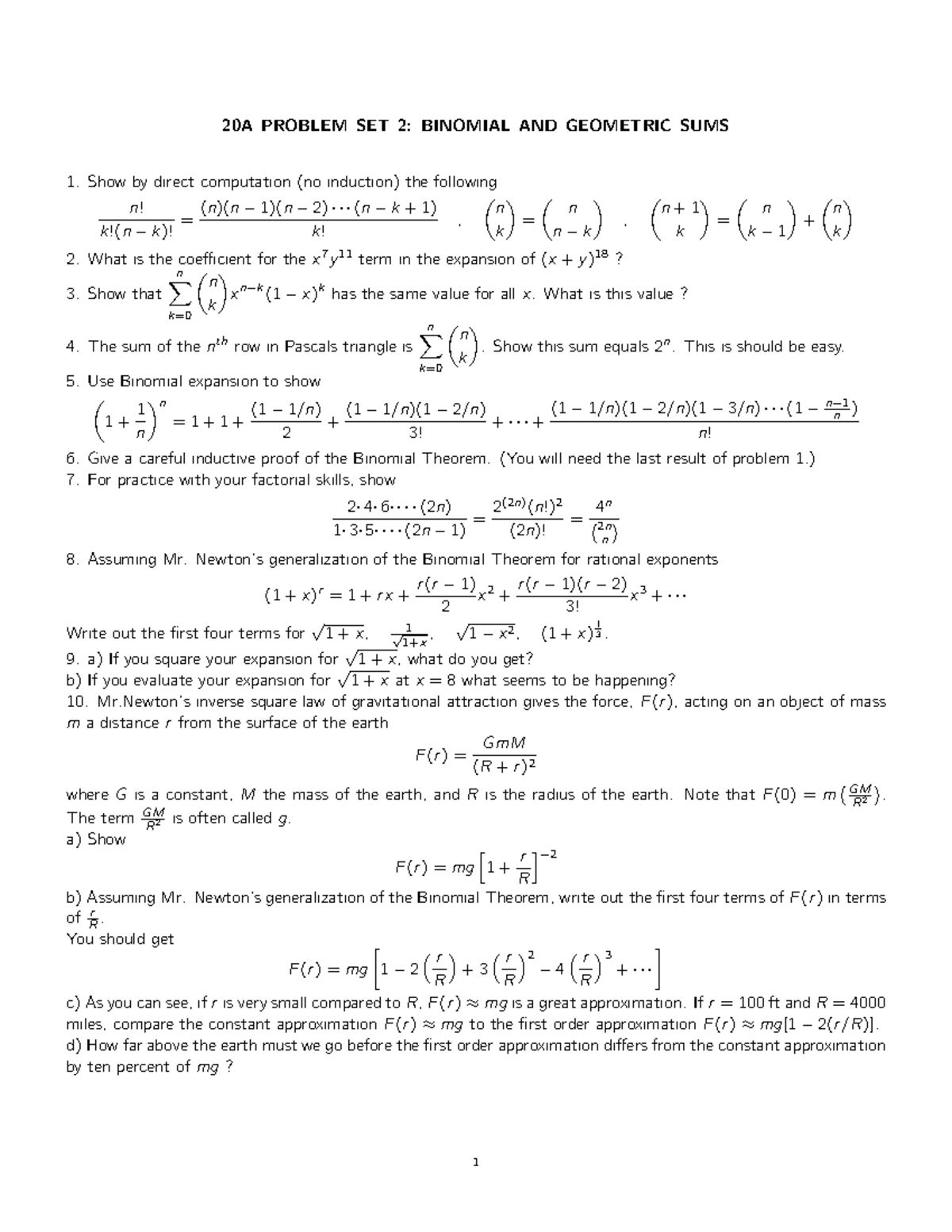 20A Problem Set 2: Binomial And Geometric Sums - 20A PROBLEM SET 2 ...