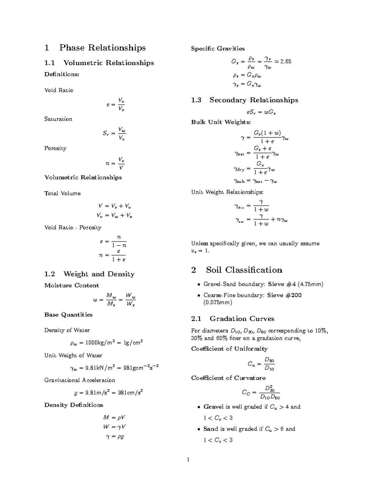 CVEN3202 Formula Sheet - 1 Phase Relationships 1 Volumetric ...