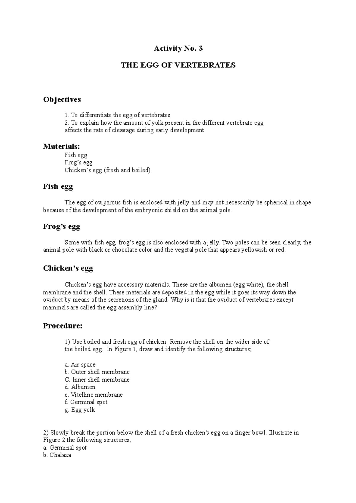NS Embryology Activity NO - Activity No. 3 THE EGG OF VERTEBRATES ...