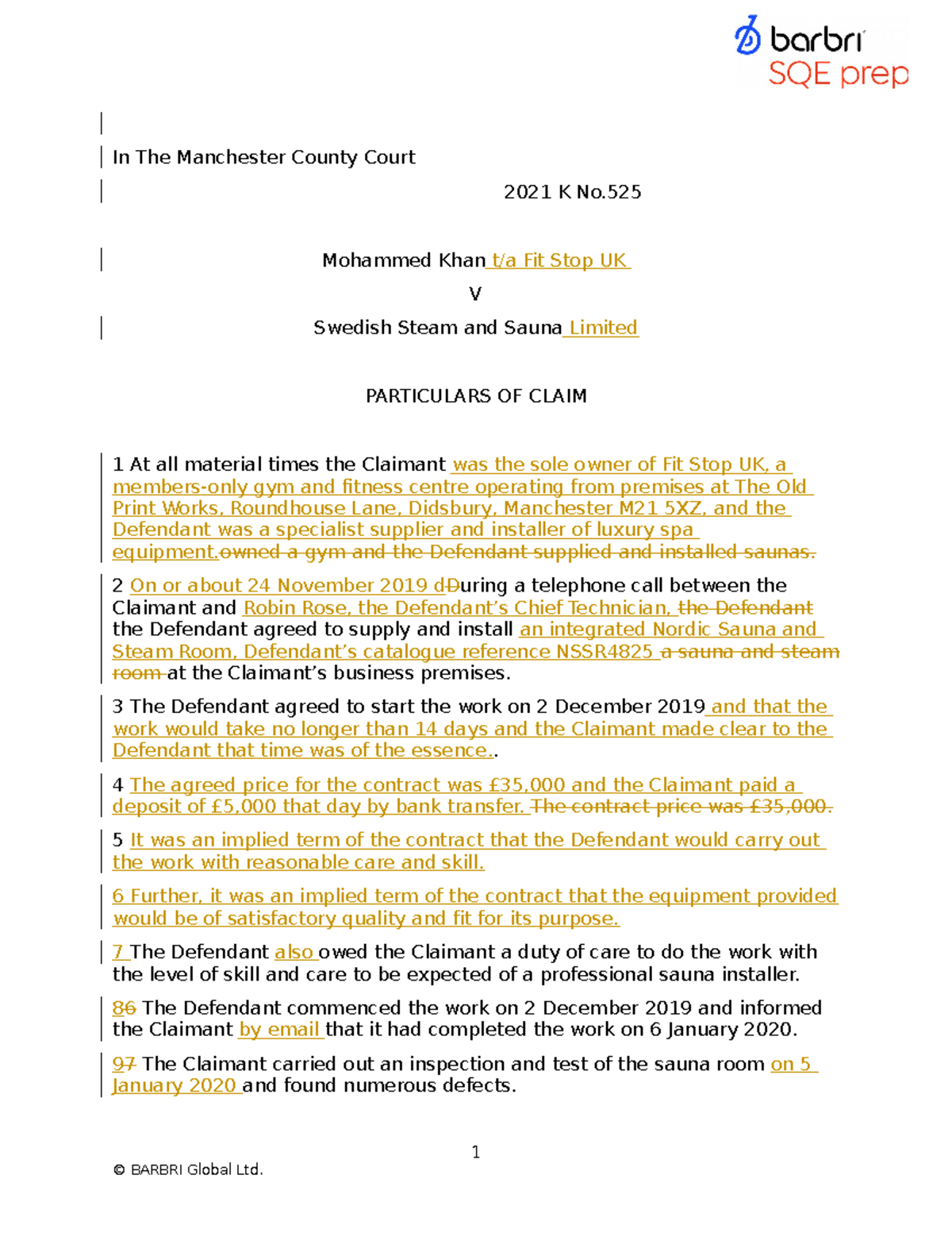 SQE2 Dis Res Drafting SPA Exemplar Mark Up Updated - In The Manchester County Court 2021 K No ...