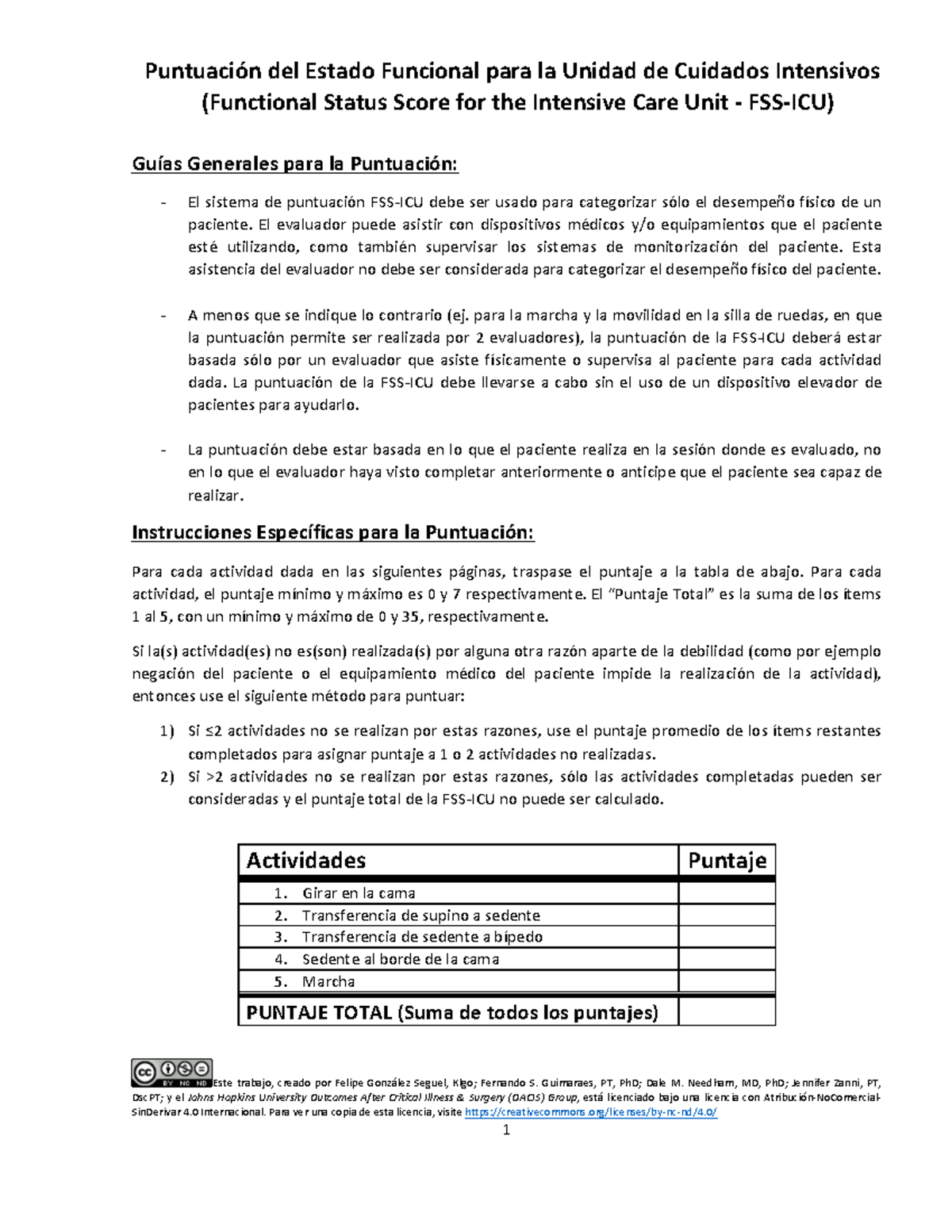 Puntuacion del Estado Funcional para la - (Functional Status Score for ...