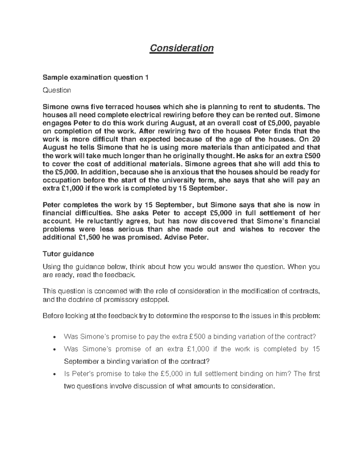 Guidance on answering problem question on Consideration - Consideration Sample examination ...