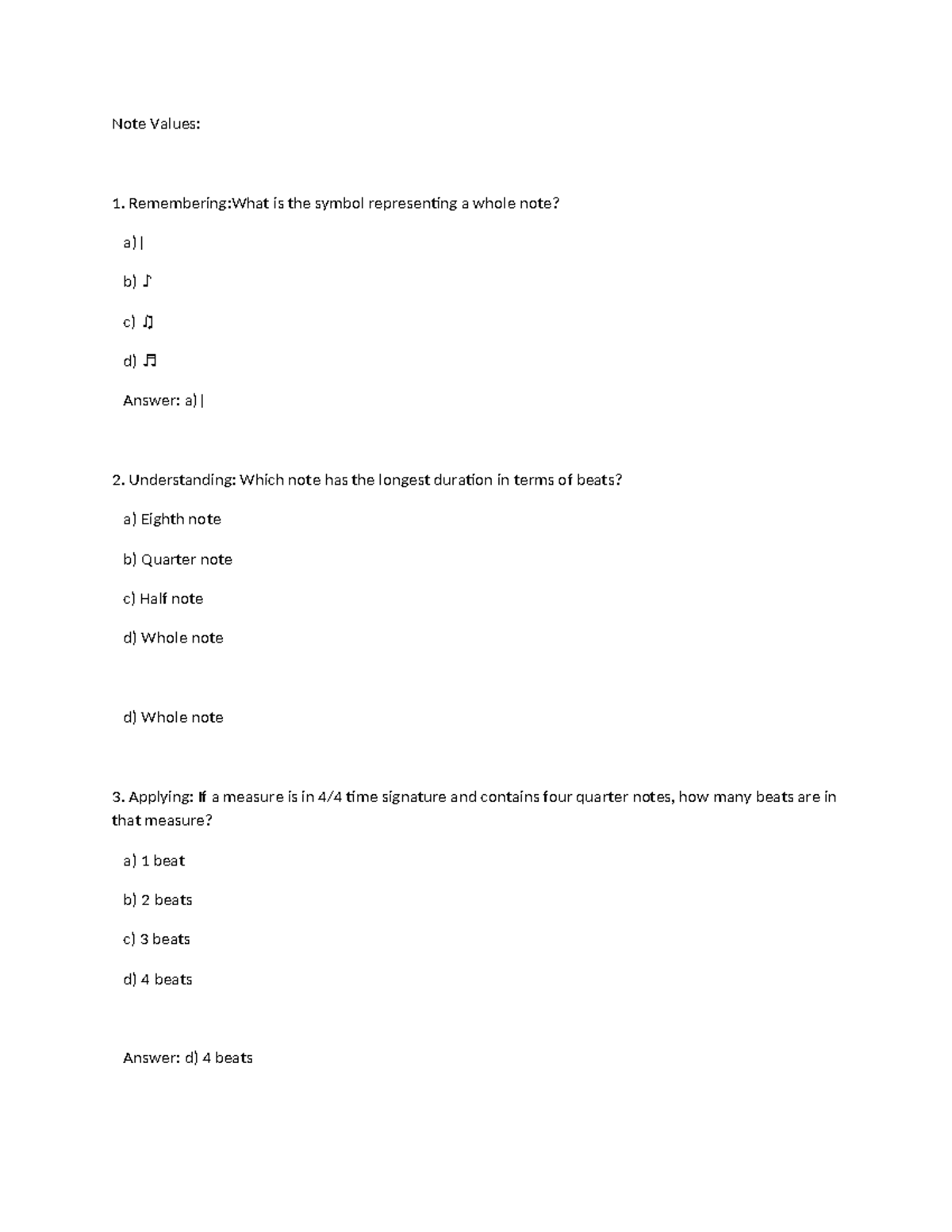 Exam - Note Values: Remembering:What is the symbol representing a whole ...