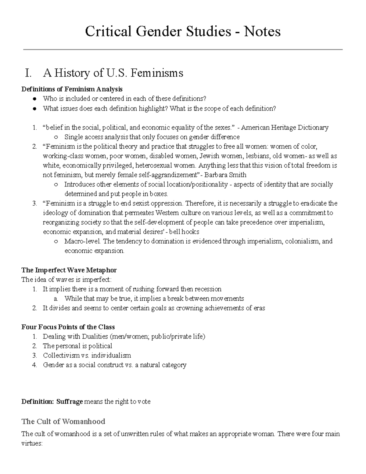 GSW - Notes - Google Docs - Critical Gender Studies - Notes I. A ...