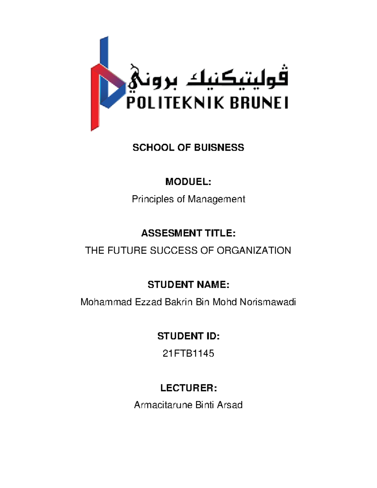 21FTB1145 Resit - afsa - SCHOOL OF BUISNESS MODUEL: Principles of Management ASSESMENT TITLE ...
