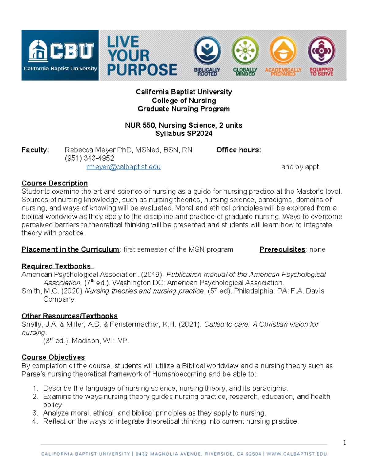 NUR550 A SP24 Syllabus - nursing science - California Baptist ...