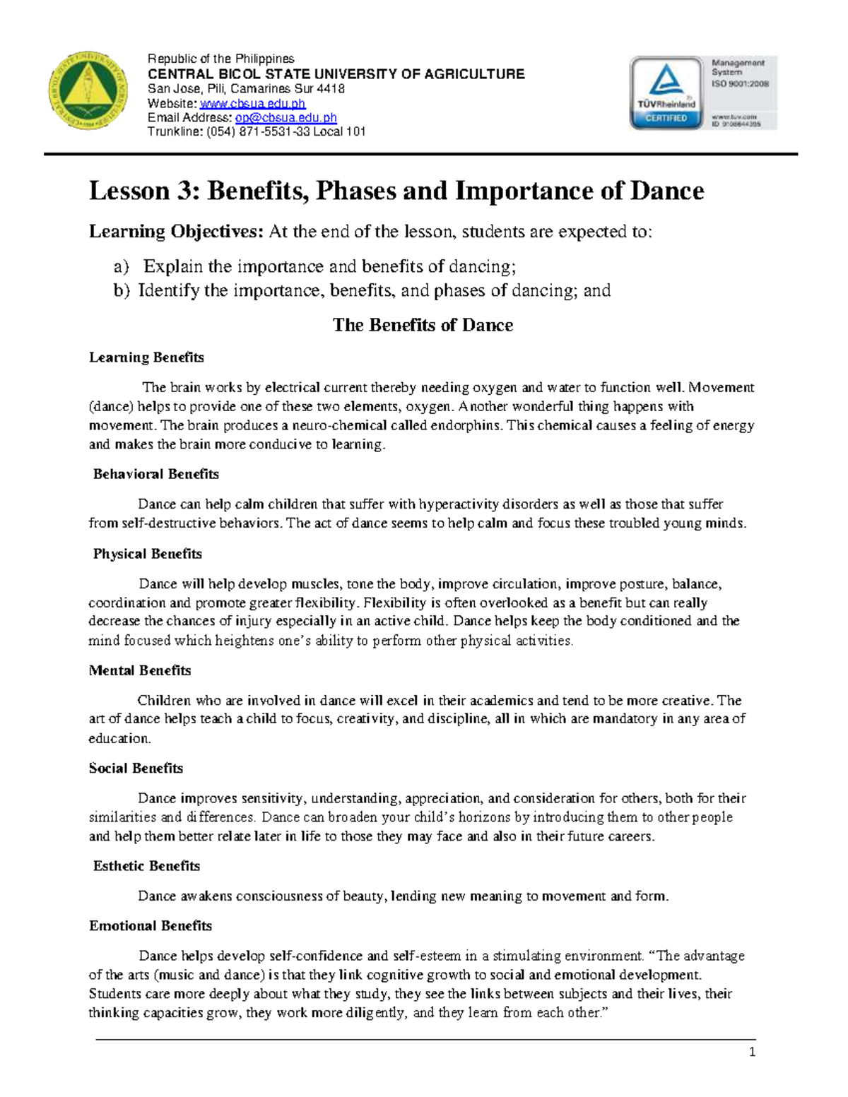 Benefits, Phases and Importance of Dance - CENTRAL BICOL STATE ...