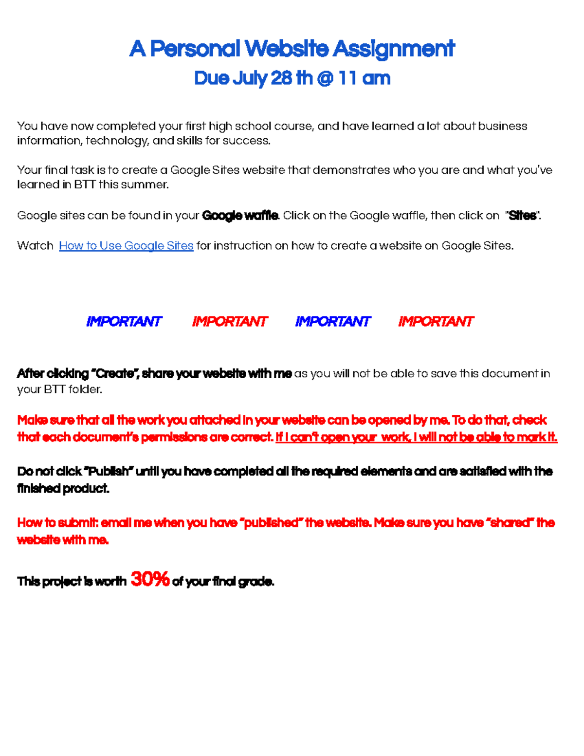 Final Summative - Website - A Personal Website Assignment Due July 28 ...