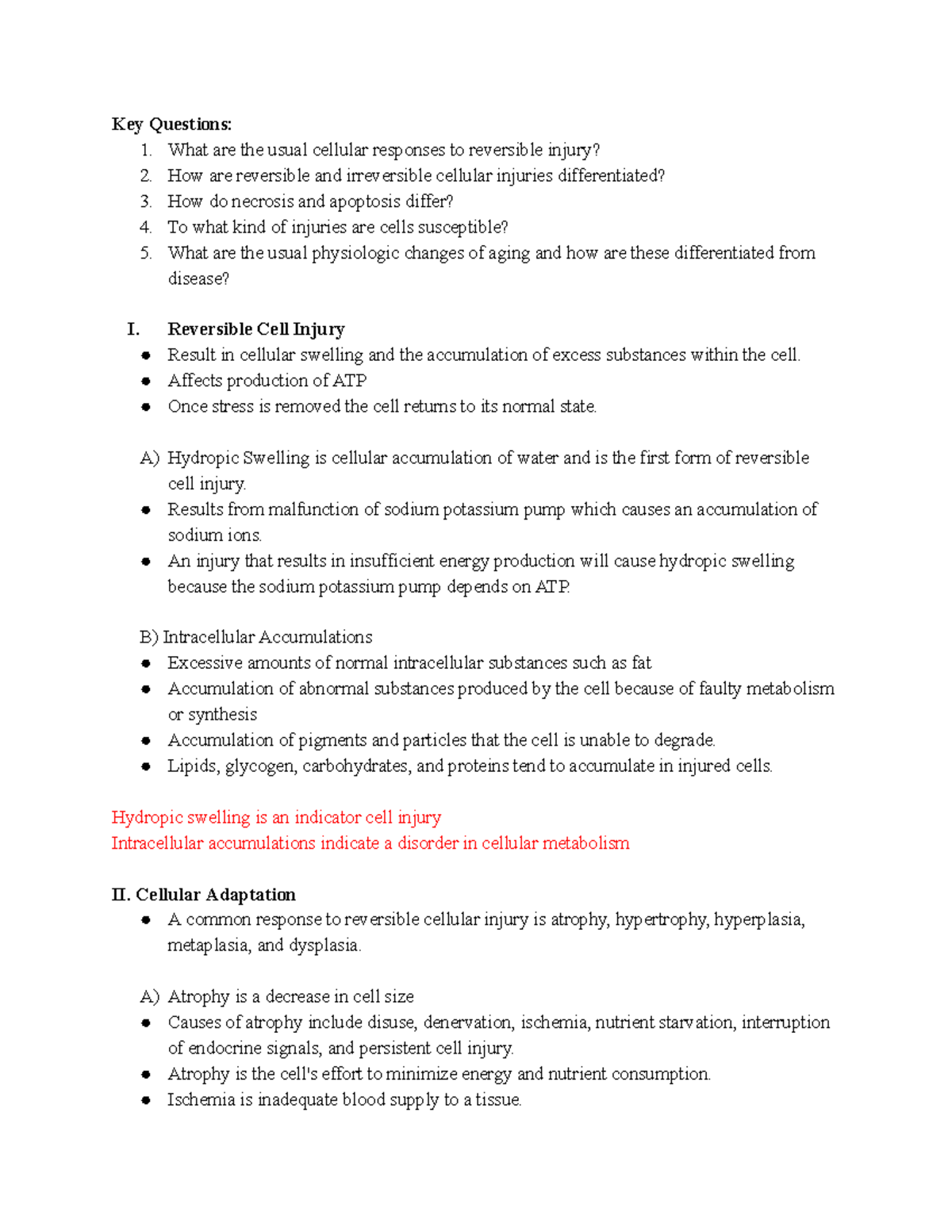 Cell Injury Book Notes - Key Questions: 1. What are the usual cellular ...