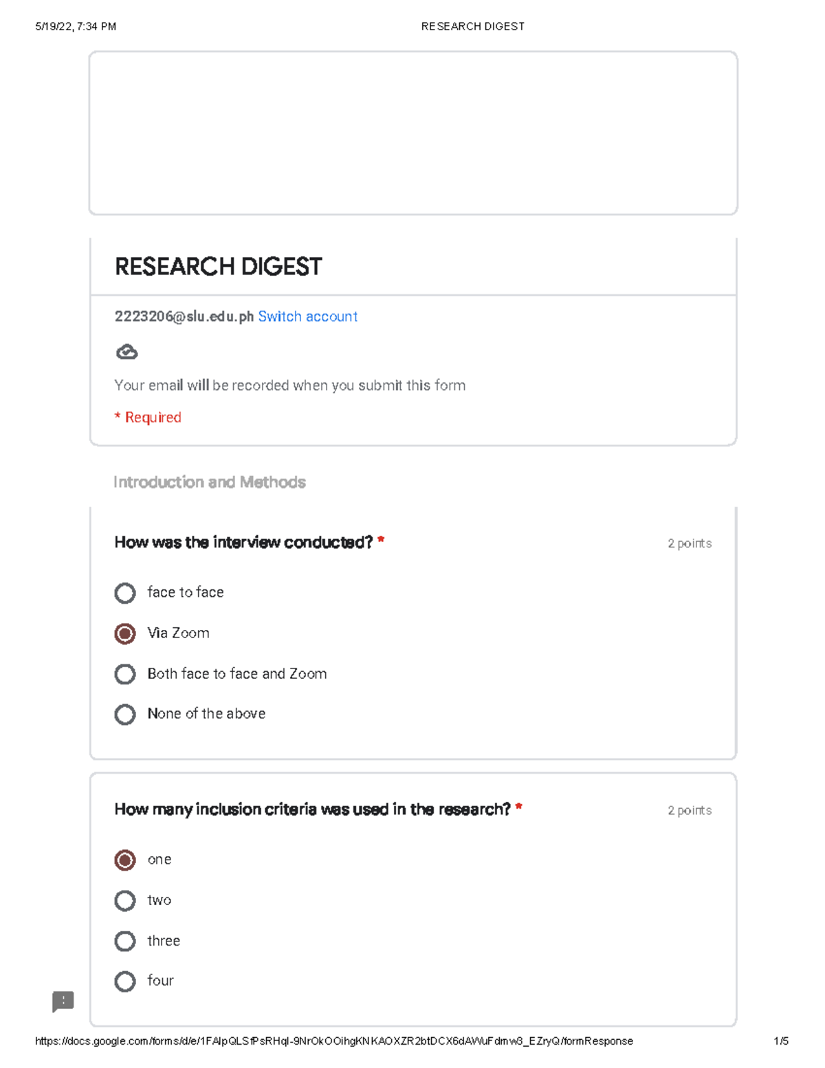 Research Digest pt1 - Introduction and Methods 2 points face to face ...