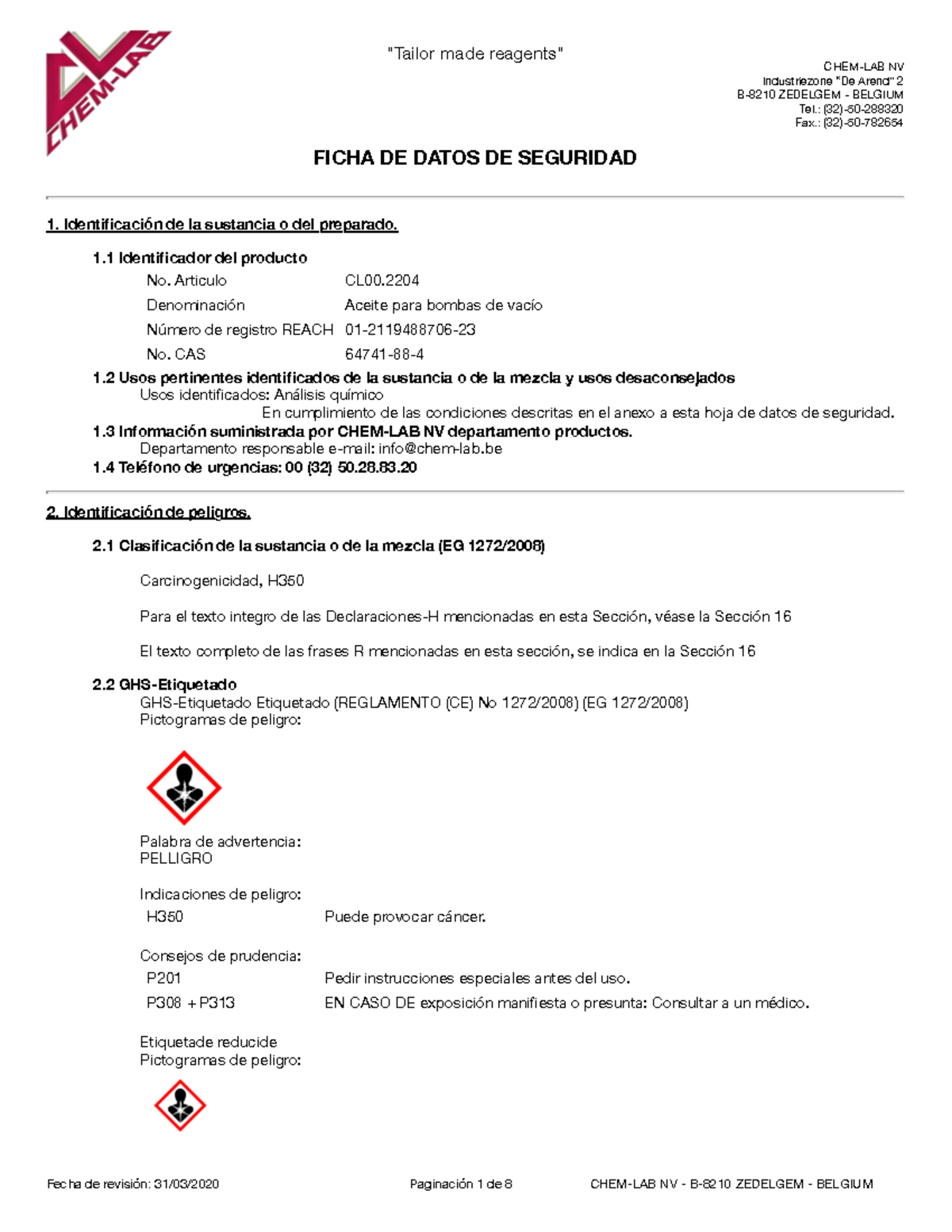 Aceite Bomba Vacio - hoja de seguridad de productos quimicos - CHEM-LAB ...