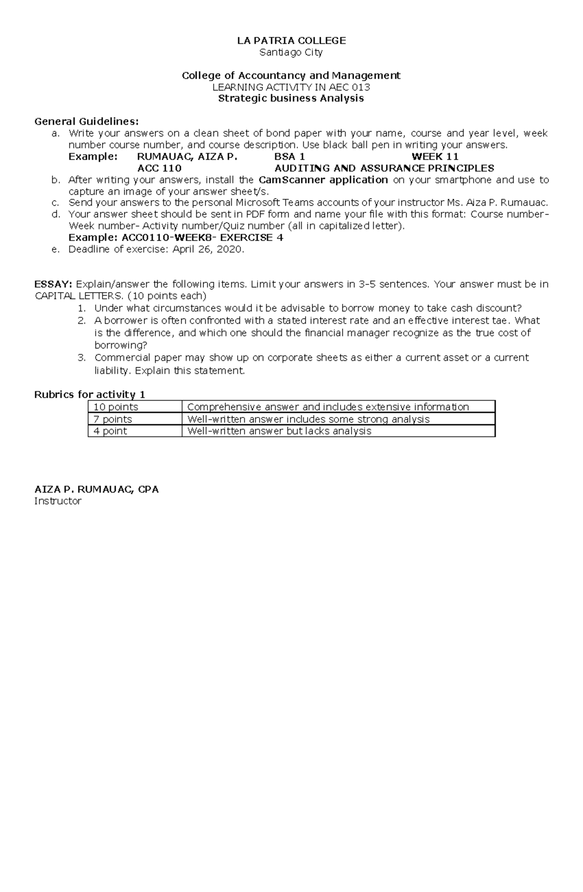 ACC 110 WEEK 12 Module - LA PATRIA COLLEGE Santiago City College of ...