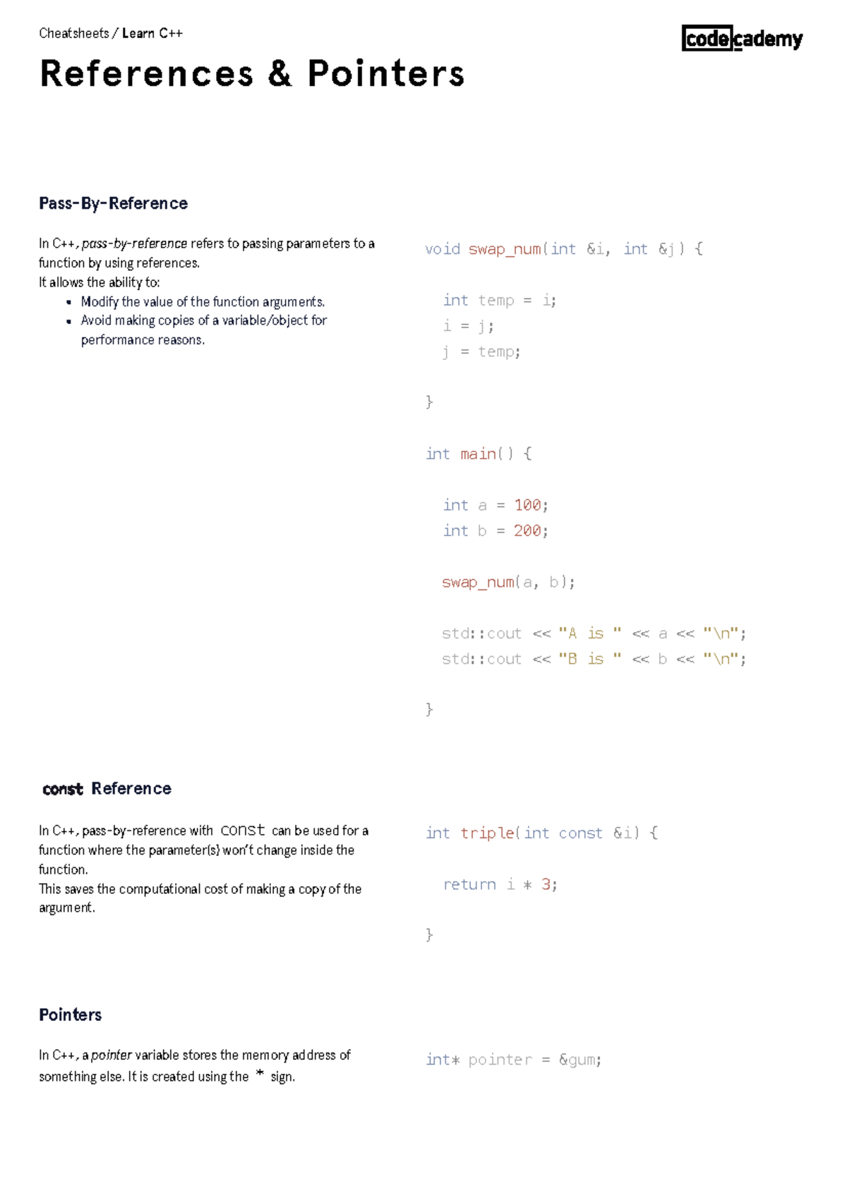 Learn C References And Pointers Cheatsheet Codecademy In C Pass By Reference Refers To 