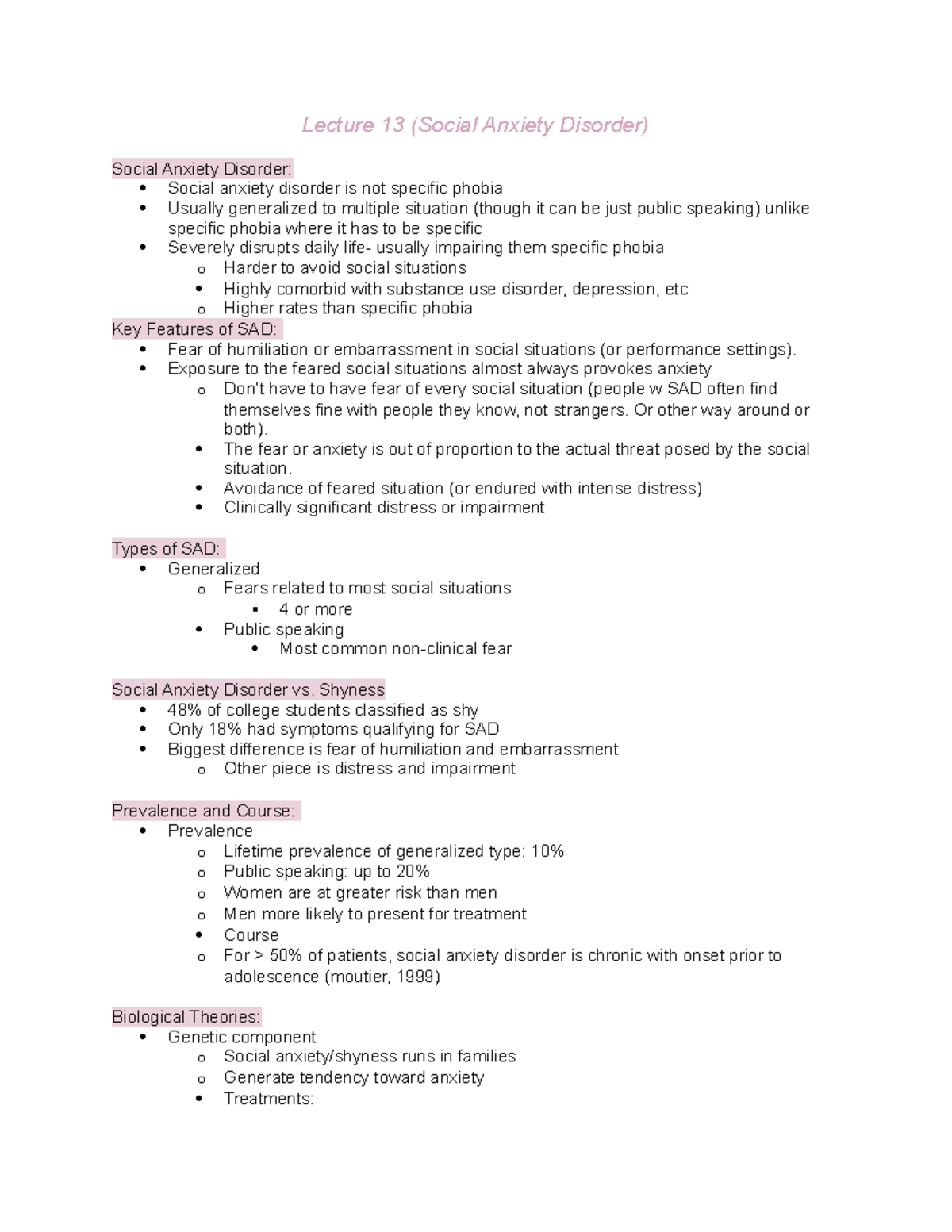 Lecture 13 clp - chapter 13 notes - Lecture 13 (Social Anxiety Disorder ...