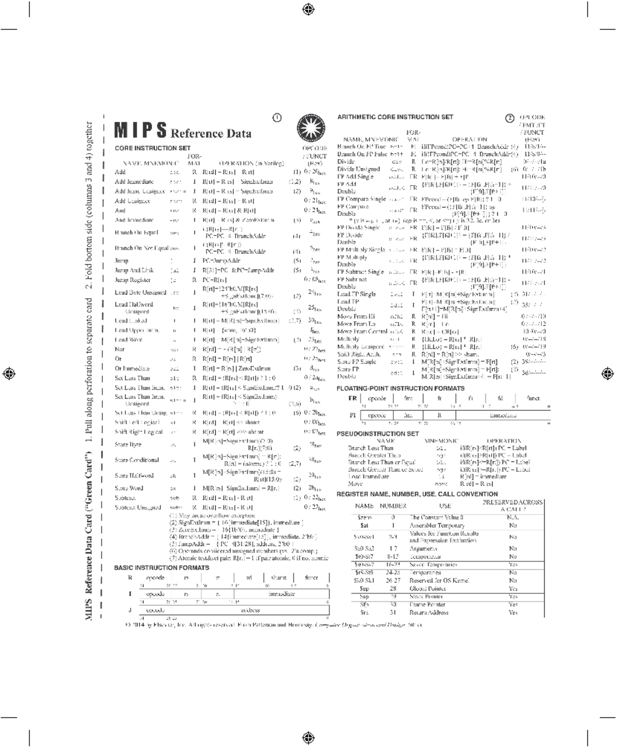 MIPS Reference Data - Computer_Organization_And_Design_5th_Edition - 1 ARITHMETIC CORE ...