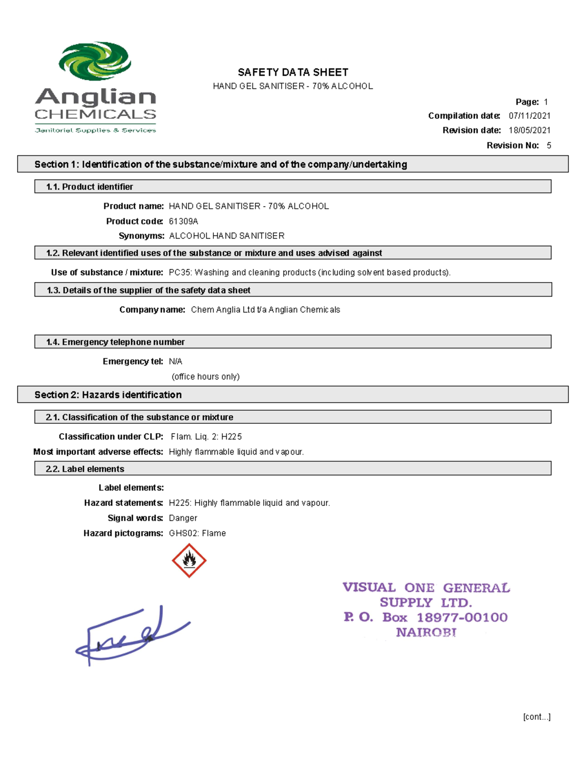 Alcohol Hand Sanitiser datasheet signed 2 - HAND GEL SANITISER - 70% ...