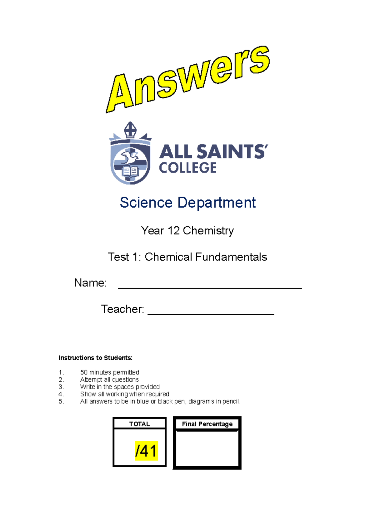 2016 Test 1 Chem Fundamentals Answers - Science Department Year 12 ...