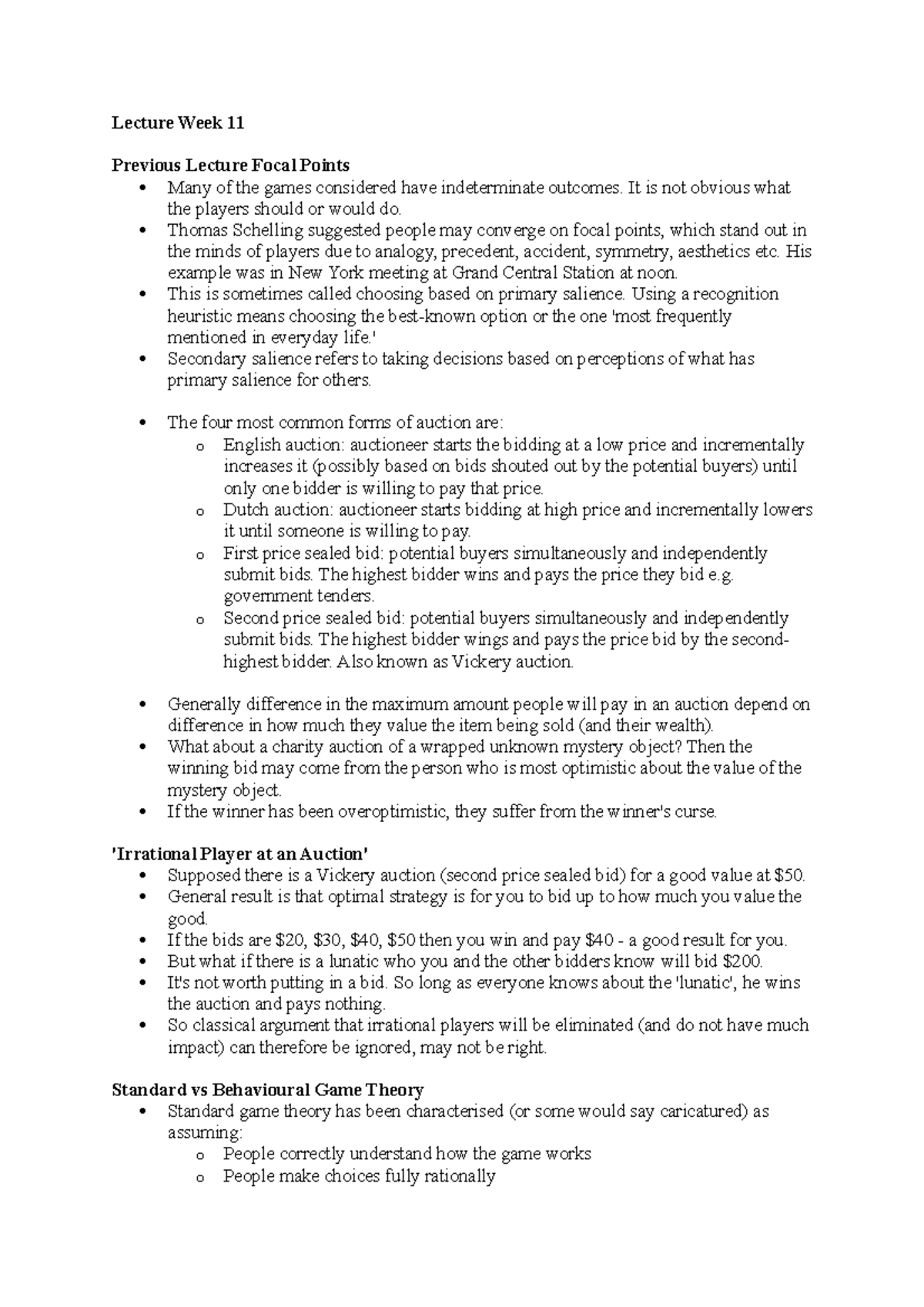 Lecture Week 11 - John Hawkins - Lecture Week 11 Previous Lecture Focal Points Many of the games ...