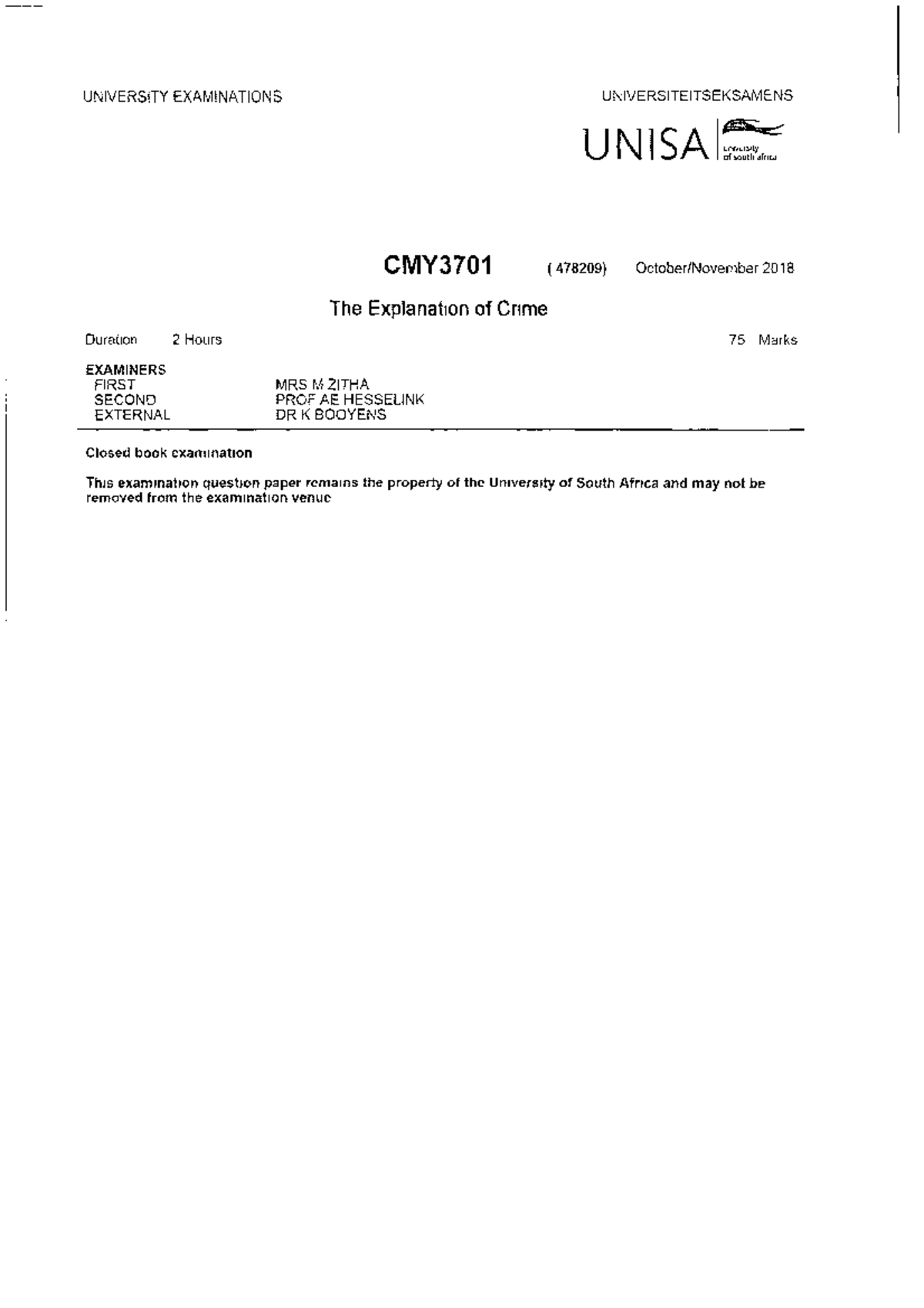 Exam October 2018, questions - CMY3701 - Studocu