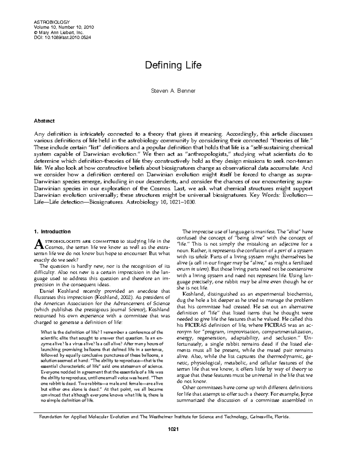 Benner 2010 . Defining life - Defining Life Steven A. Benner Abstract ...