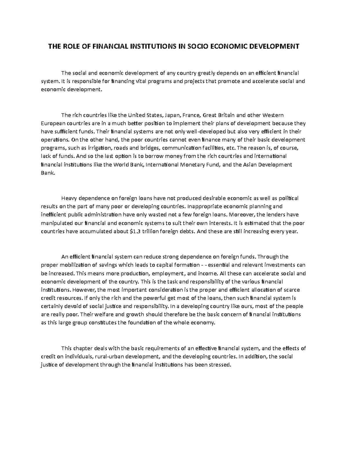 THE ROLE OF Financial Institutions IN Socio Economic Development - THE ...