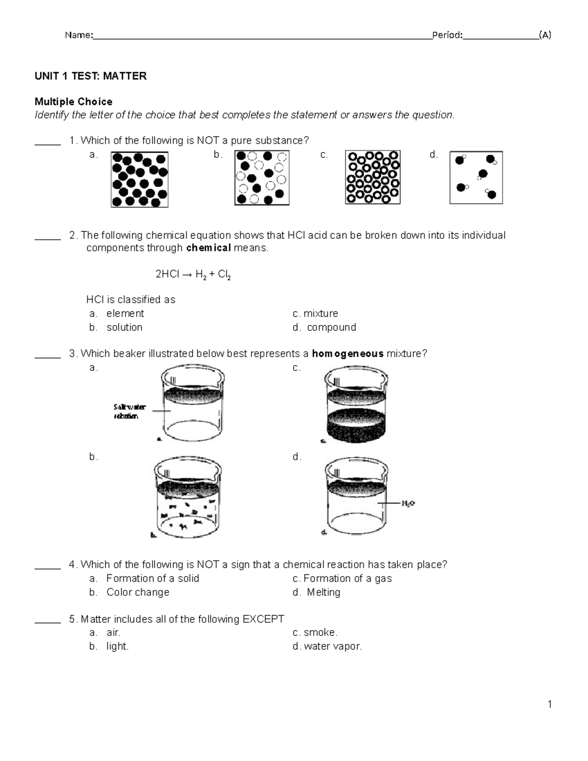 2015 Matter Test-A - Sample Test - Name: Period: (A) 1 UNIT 1 TEST ...