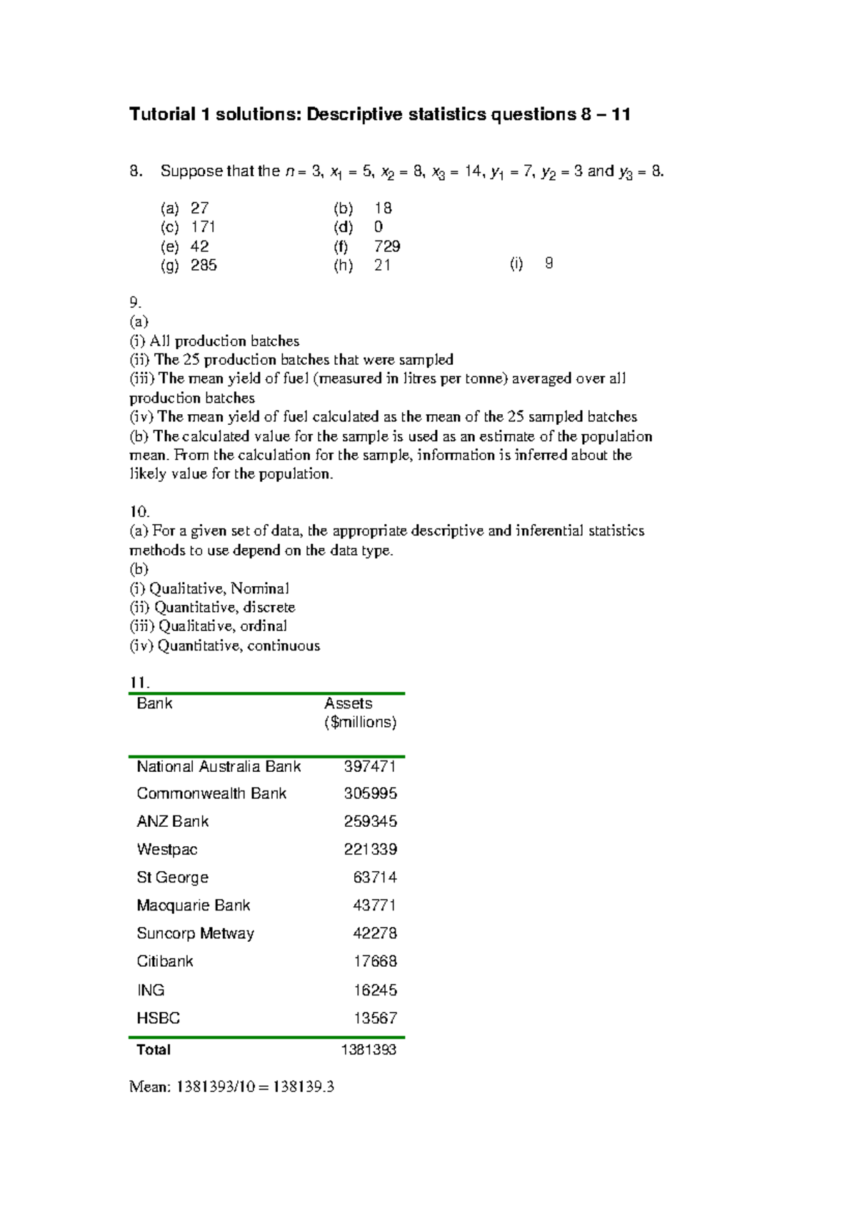 Tutorial 1Solutions - Tutorial 1 solutions: Descriptive statistics ...